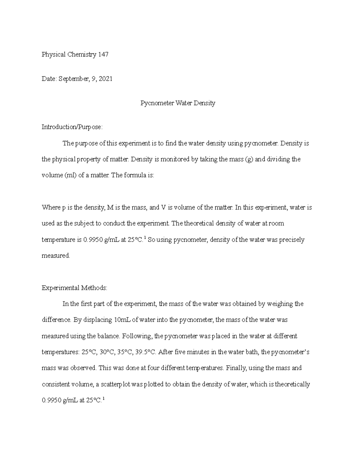 Pycnometer Water Density - Physical Chemistry 147 Date: September, 9 ...