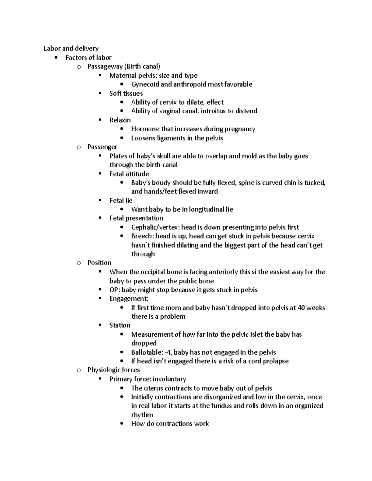 Labor and delivery - OB lecture notes - Labor and delivery Factors of ...