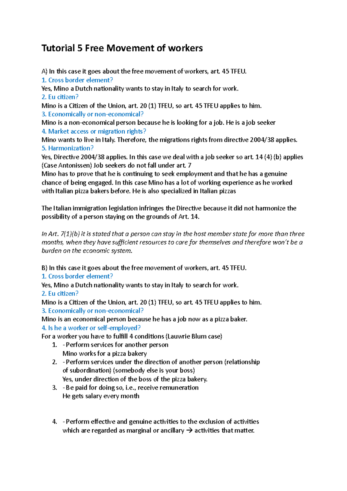 Tutorial 5 Free Movement of workers - Tutorial 5 Free Movement of ...