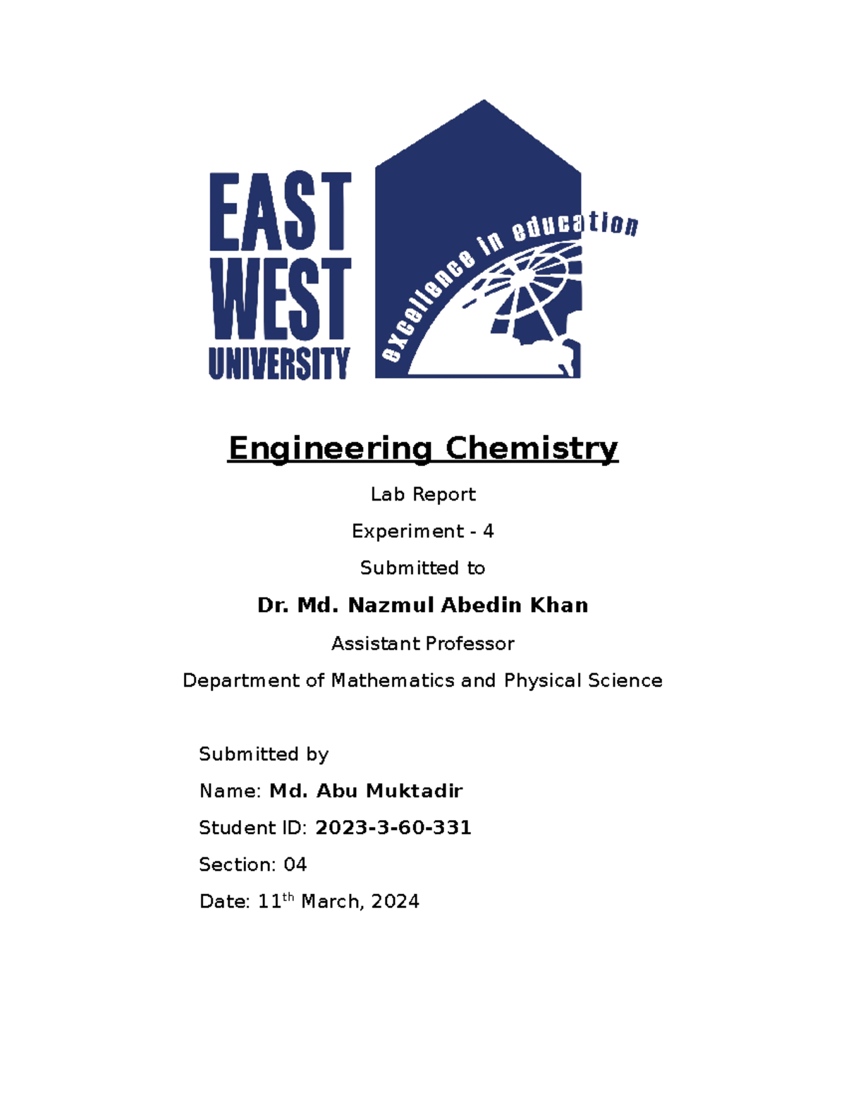 Lab Report 4 331 - Engineering Chemistry Lab Report Experiment - 4 Submitted to Dr. Md. Nazmul ...