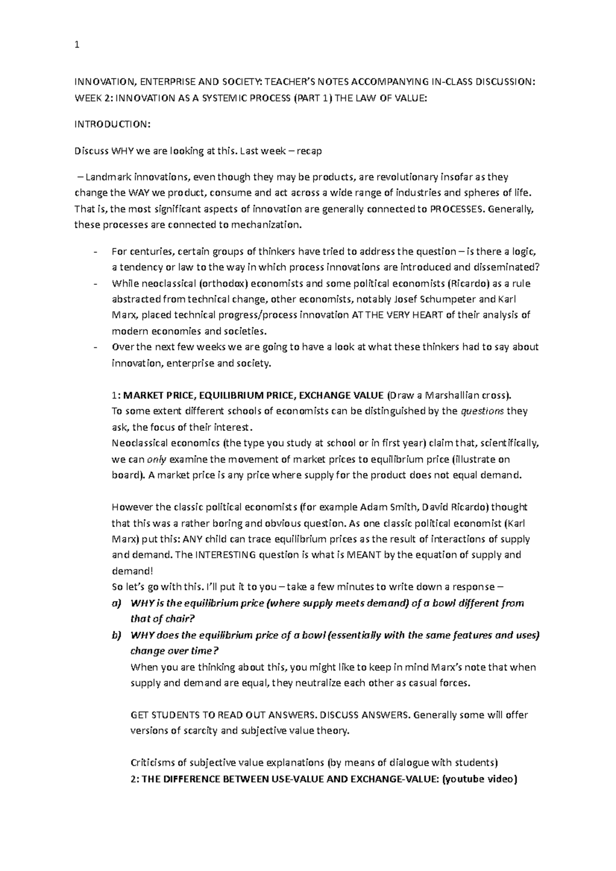 IES teacher's notes accompanying Week 2 Autumn 2019 the law of value ...