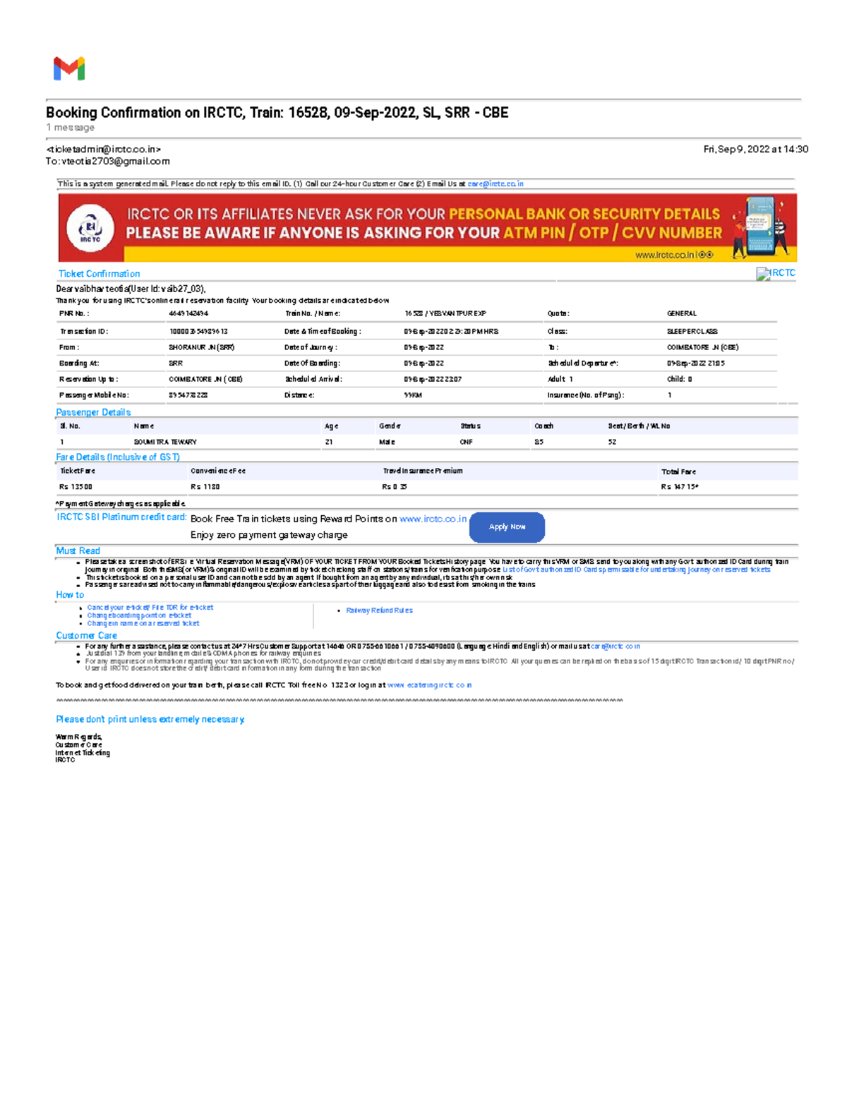 Gmail - Booking Confirmation on Irctc, Train 16528, 09-Sep-2022, SL ...