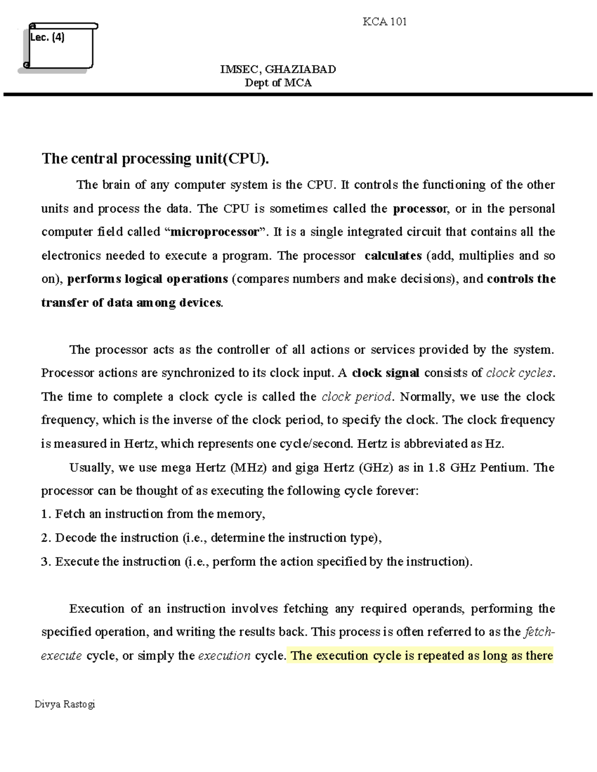 CPU Final Notes - cpu - Lec. (4) IMSEC, GHAZIABAD Dept of MCA KCA 101 ...