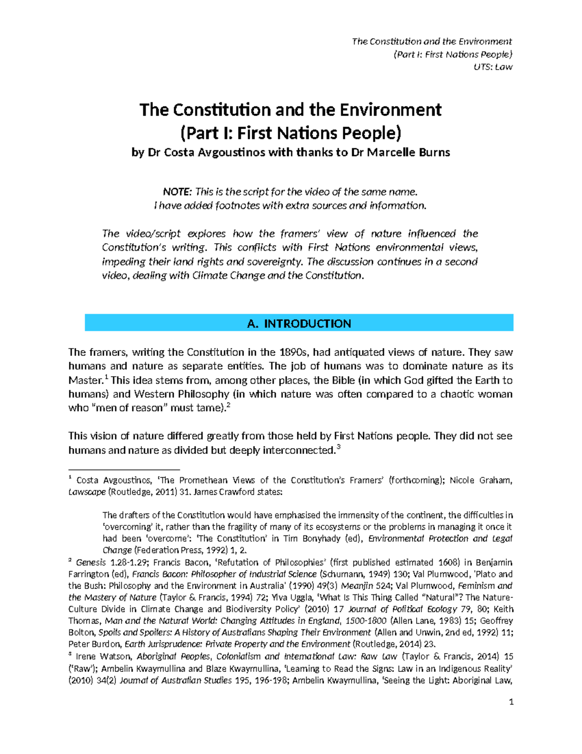 'Consti + Nature' - (Part I: First Nations People) UTS: Law The ...