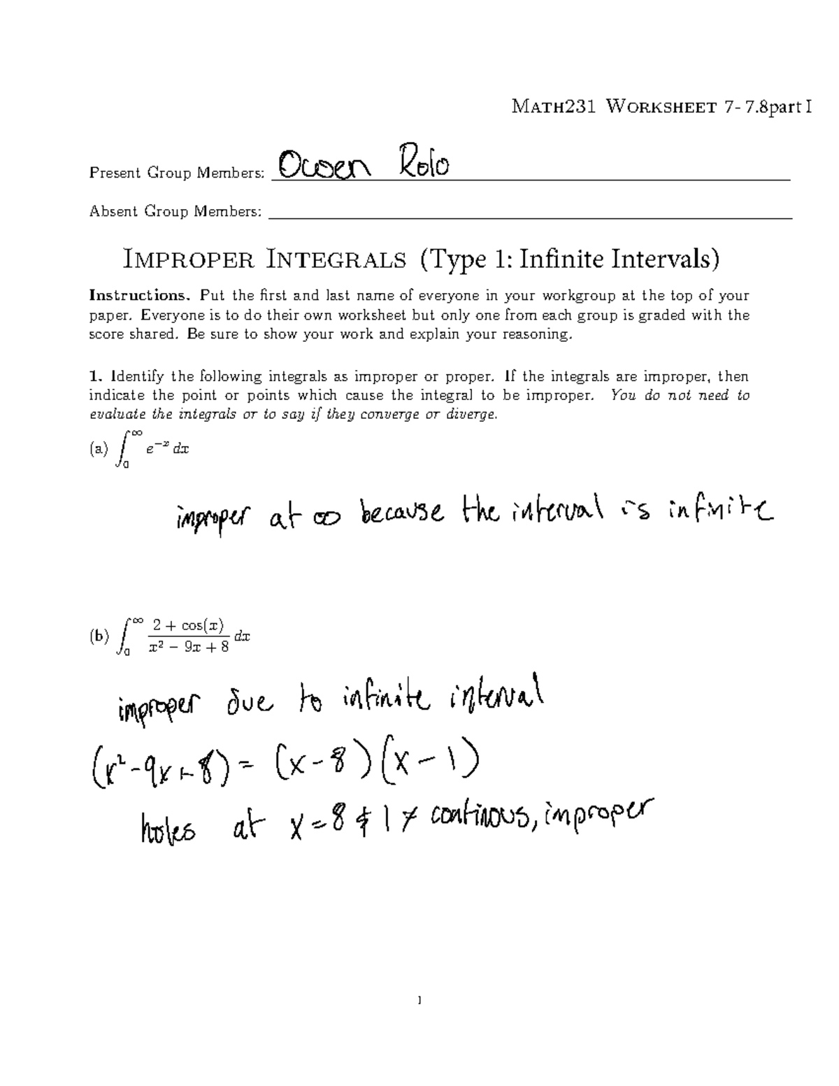 Math 231- WS 7- 7.8 part I -Fall 23 - Math231 Worksheet QBSU * Present ...