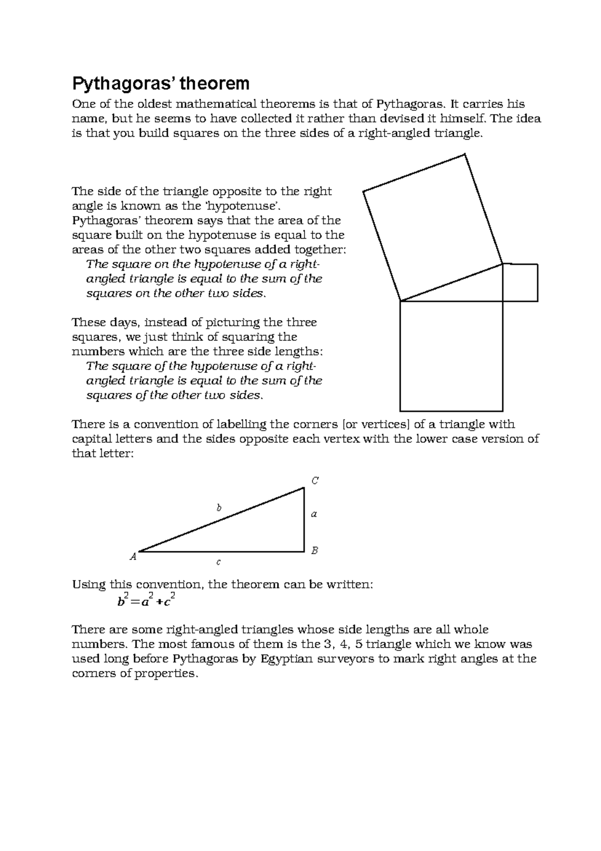 Explaining Pythagoras Lecture Notes Week 8 - Pythagoras’ theorem One of ...