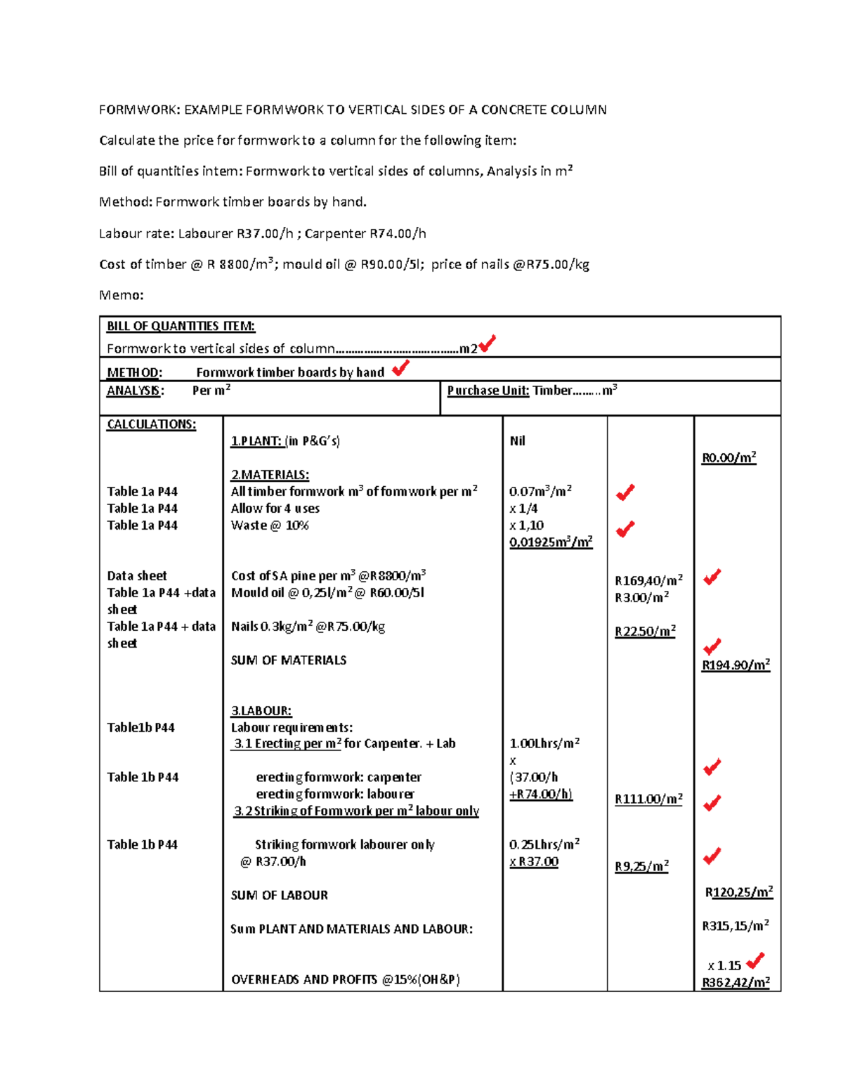 4.1 example worked Formwork estimation - FORMWORK: EXAMPLE FORMWORK TO ...