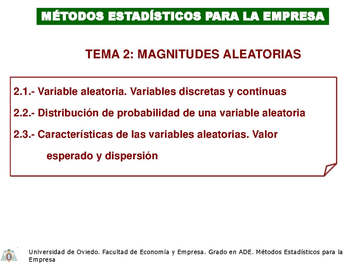 Tema 2 - apuntes - TEMA 2: MAGNITUDES ALEATORIAS 2.- Variable aleatoria ...