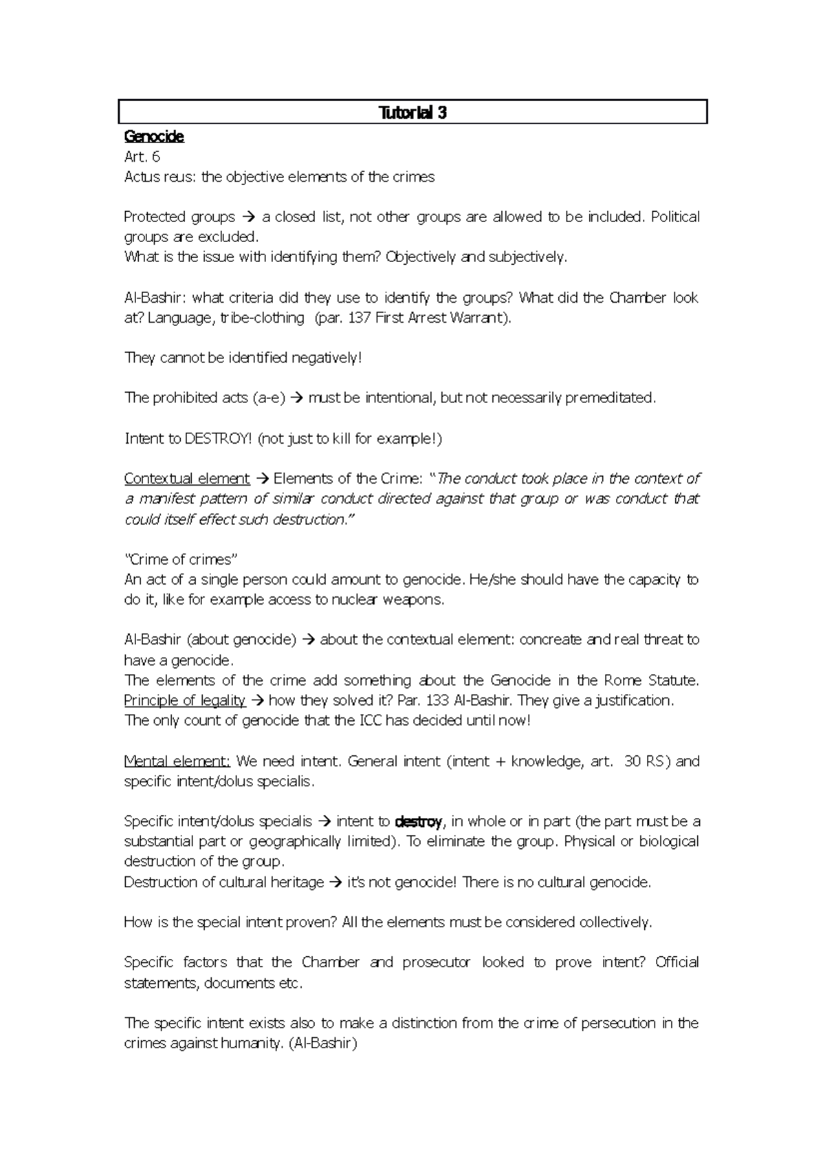 ICL-Tutorial 3 - ICL-Tutorial 3 - Tutorial 3 Genocide Art. 6Actus reus: the objective elements ...
