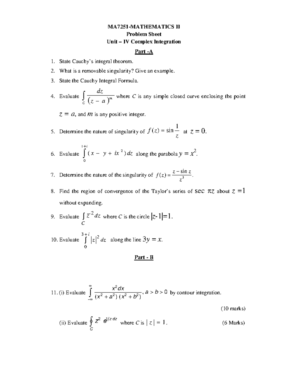 Unit IV MA7251 Problemsheet - MA7251-MATHEMATICS II Problem Sheet Unit ...