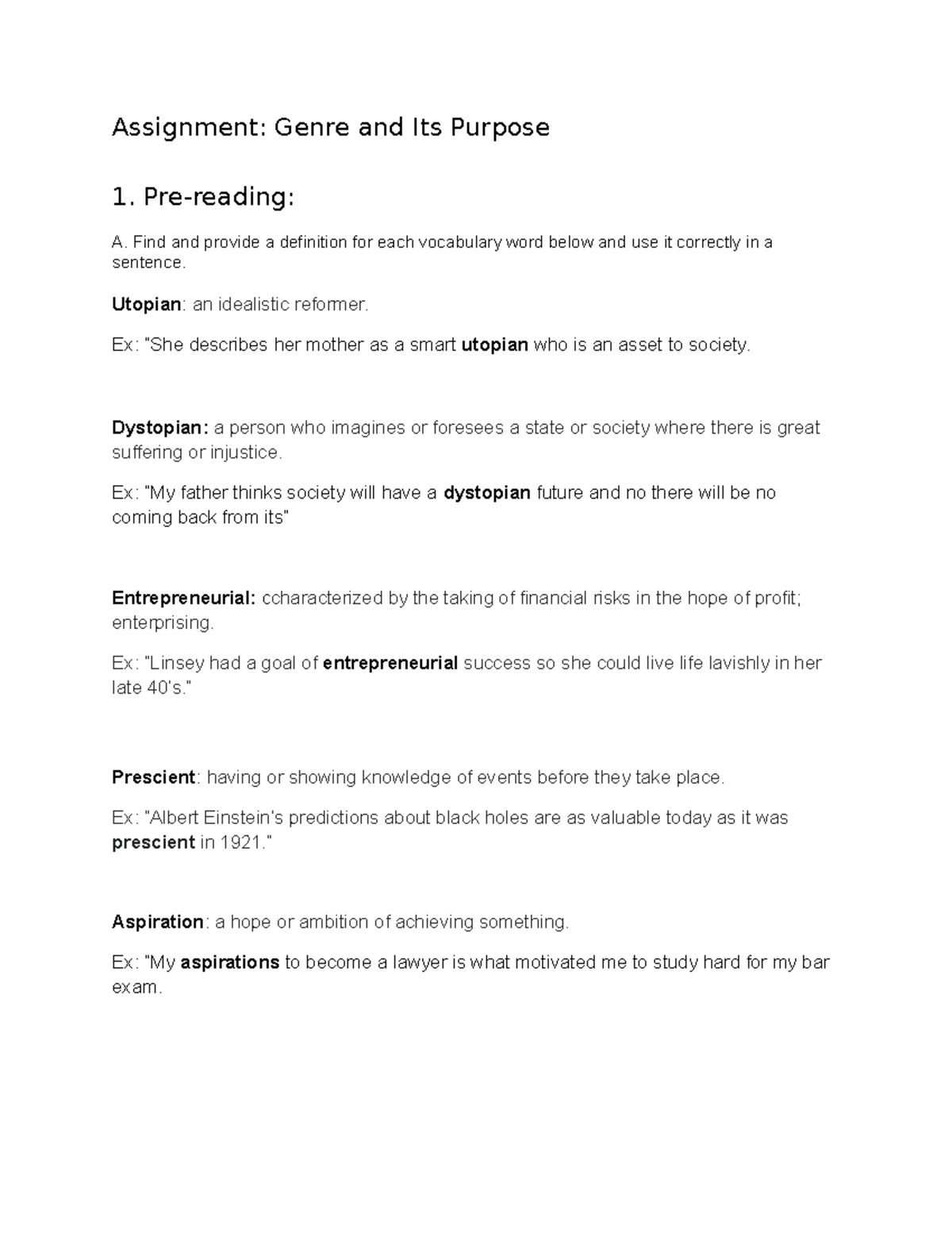 Genre and Its Purpose - Pre-reading: A. Find and provide a definition ...