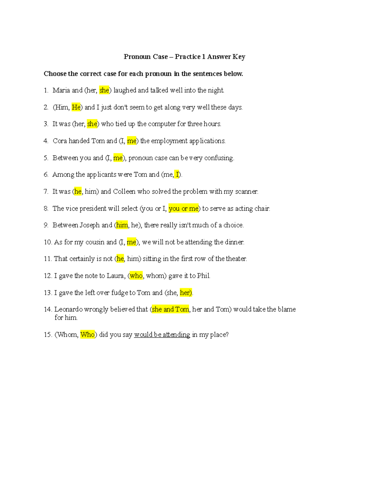Pronoun Case Practice 1 Answer Key - Pronoun Case – Practice 1 Answer ...