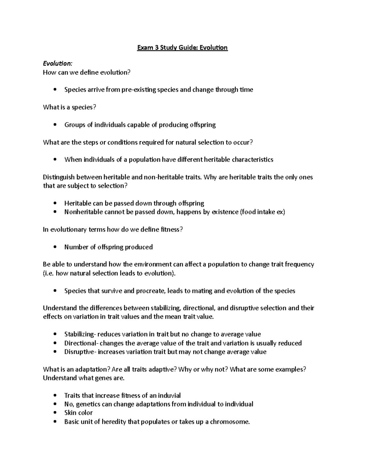 Exam 3 Study Guide answers - Exam 3 Study Guide: Evolution Evolution ...