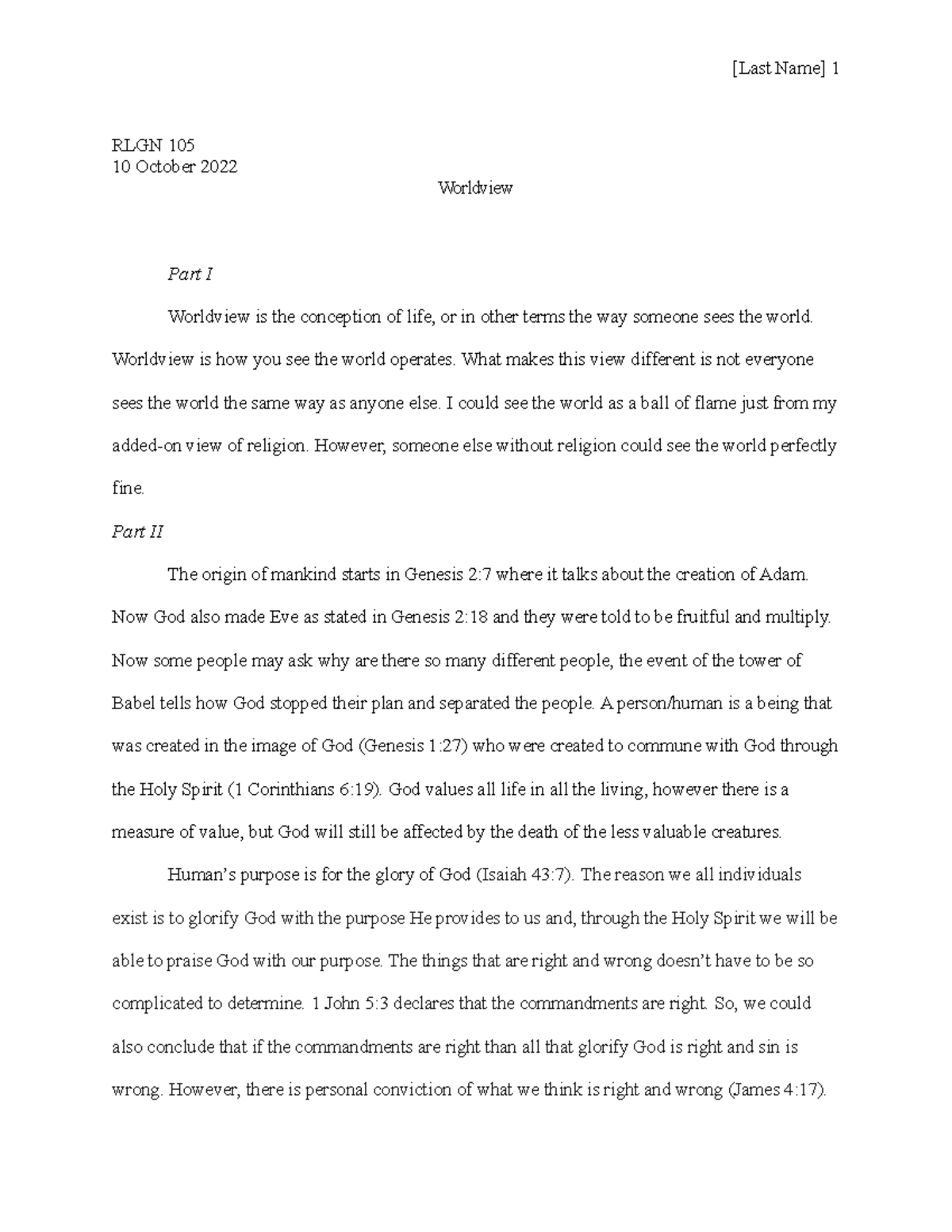 Worldview RLGN - [Last Name] 1 RLGN 105 10 October 2022 Worldview Part ...