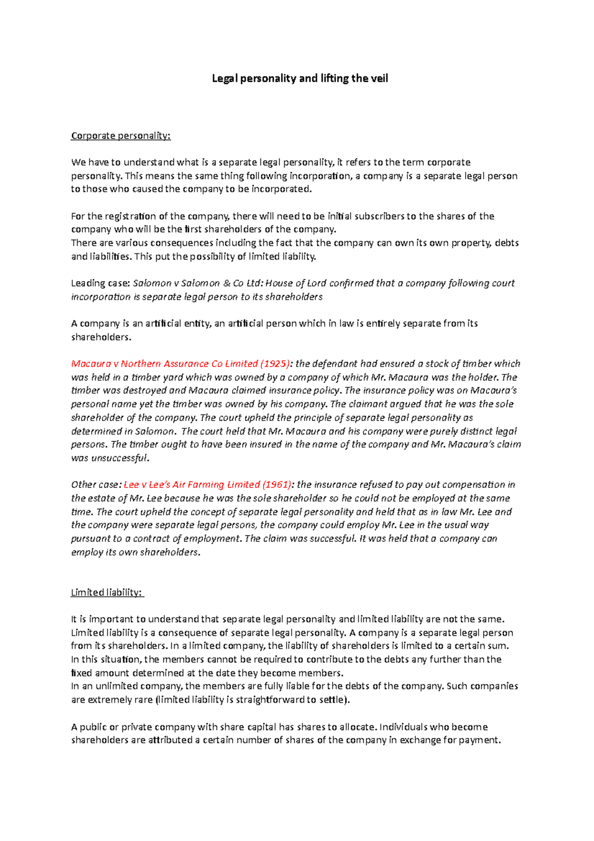 Legal personality and lifting the veil - Legal personality and lifting ...