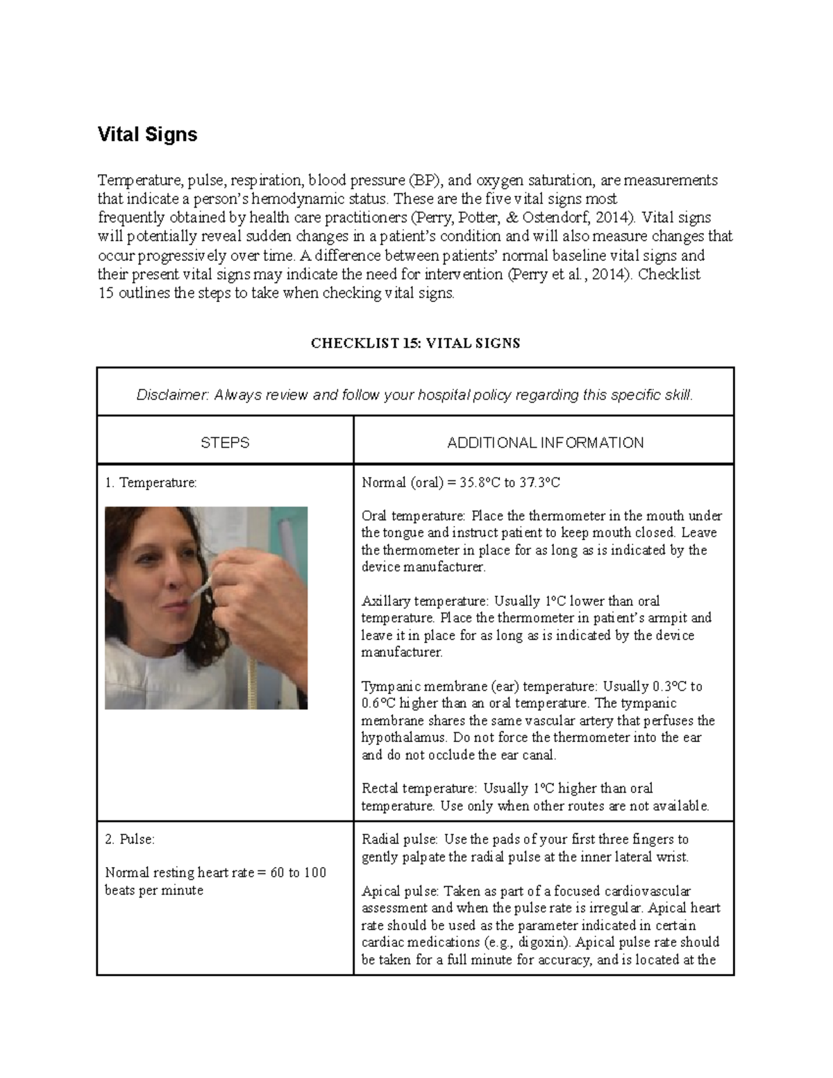 Vital Signs Monitoring with Checklist in Temperature, Pulse ...