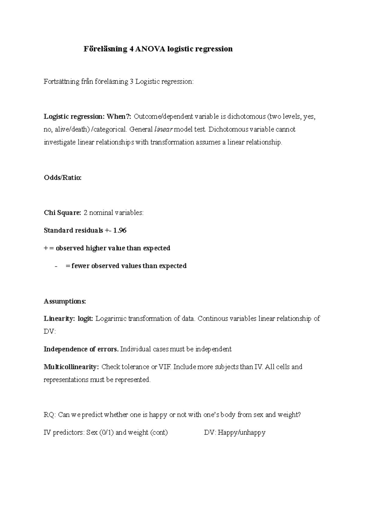 Föreläsning 4 Anova Logistic regression - Föreläsning 4 ANOVA logistic ...