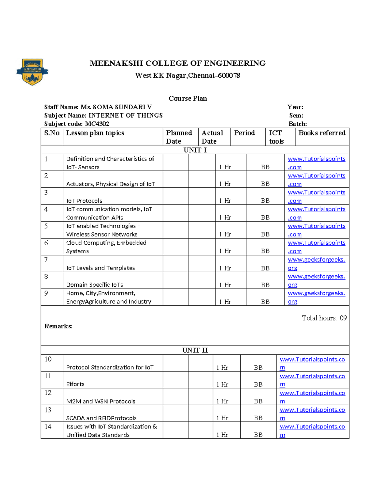 Lesson plan iot - syllabus - MEENAKSHI COLLEGE OF ENGINEERING West KK ...