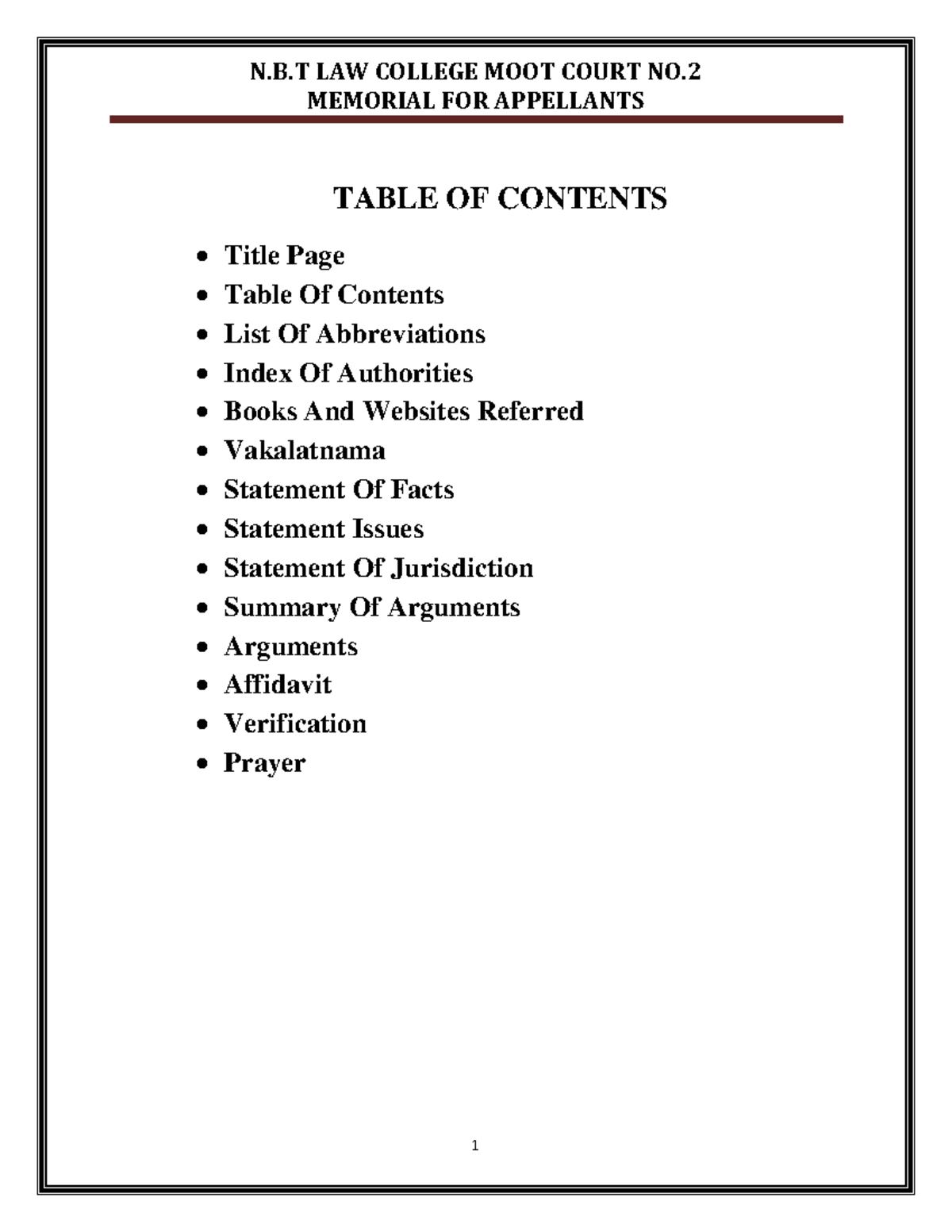 MOOT Civil Appeal NO 2 Appellants-1 - MEMORIAL FOR APPELLANTS TABLE OF ...