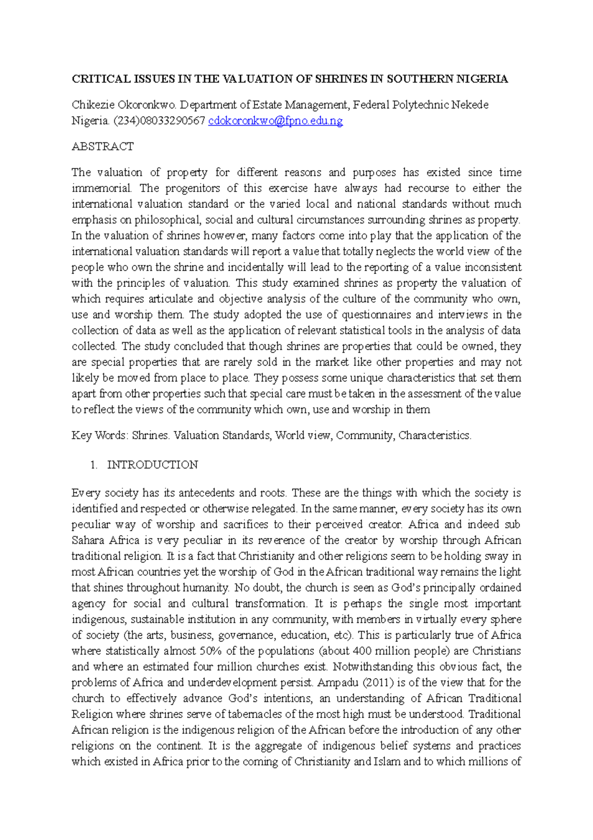 Criticalissuesinthevaluationofshrinesinsouthernnigeriaxx - CRITICAL ...