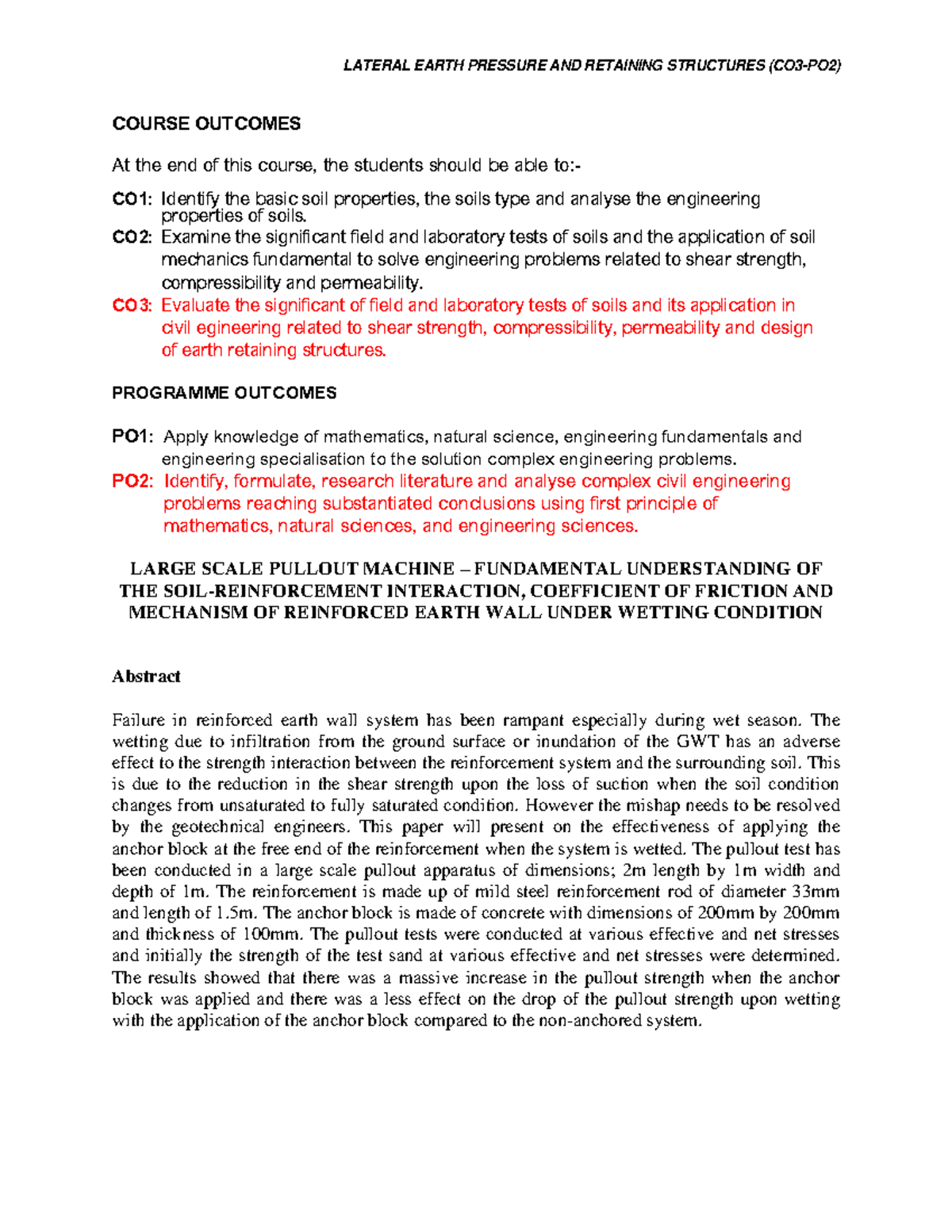 ECG426-Week 14 - II - Earth Retaining Structures (CO3-PO2) - COURSE OUTCOMES At the end of this ...