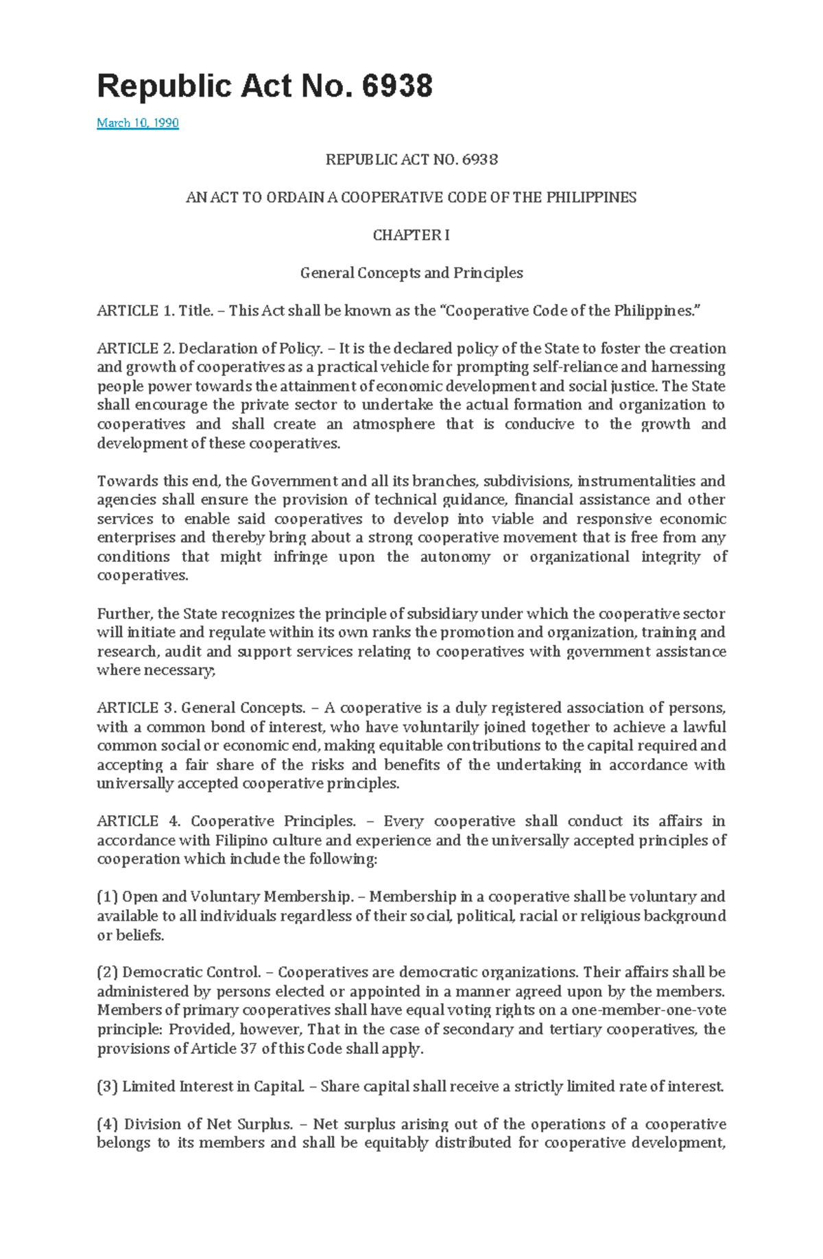 Republic Act No 6938 Cooperative Code Republic Act No 6938 March