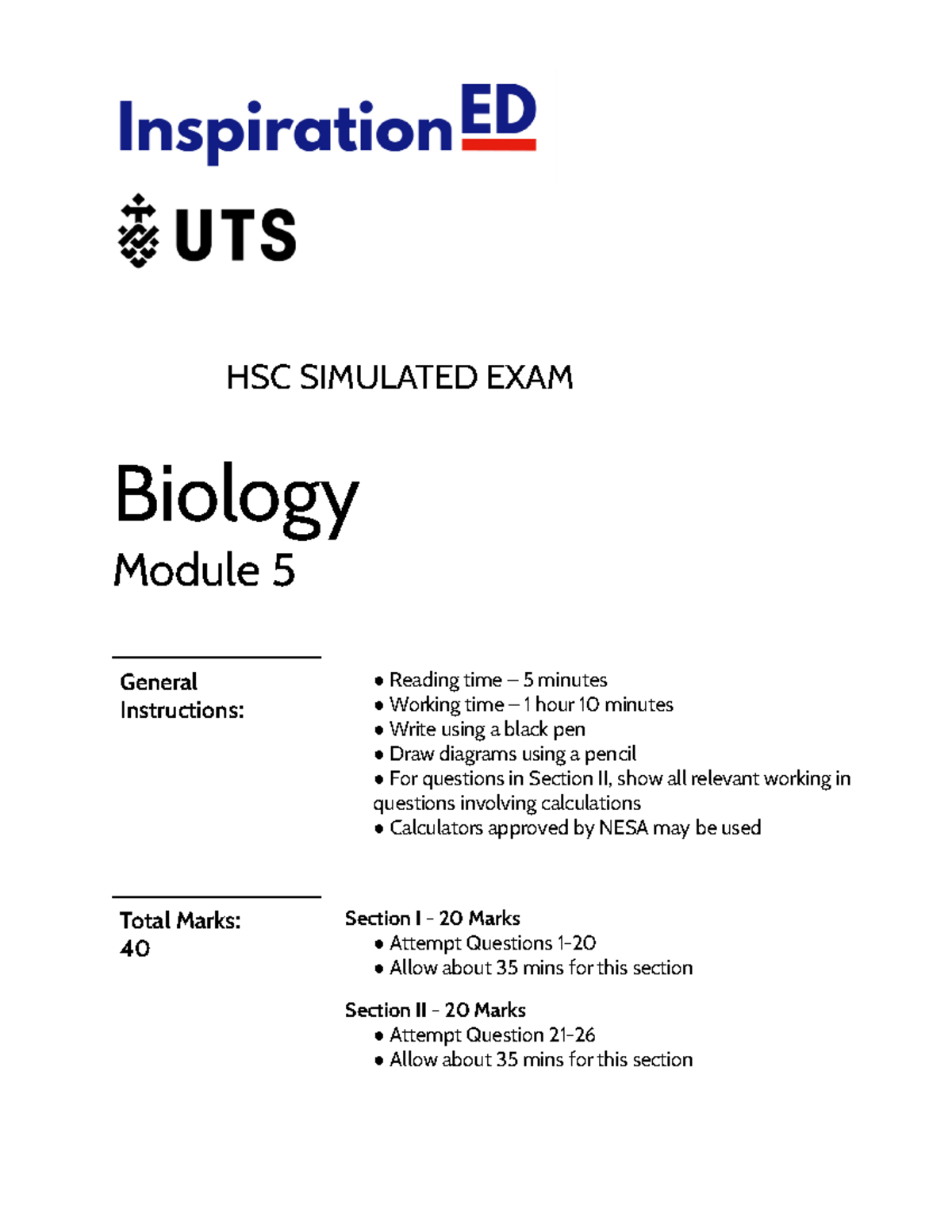 Bio5 Exam - Practice Exam - 2022 HSC SIMULATED EXAM Biology Module 5 ...