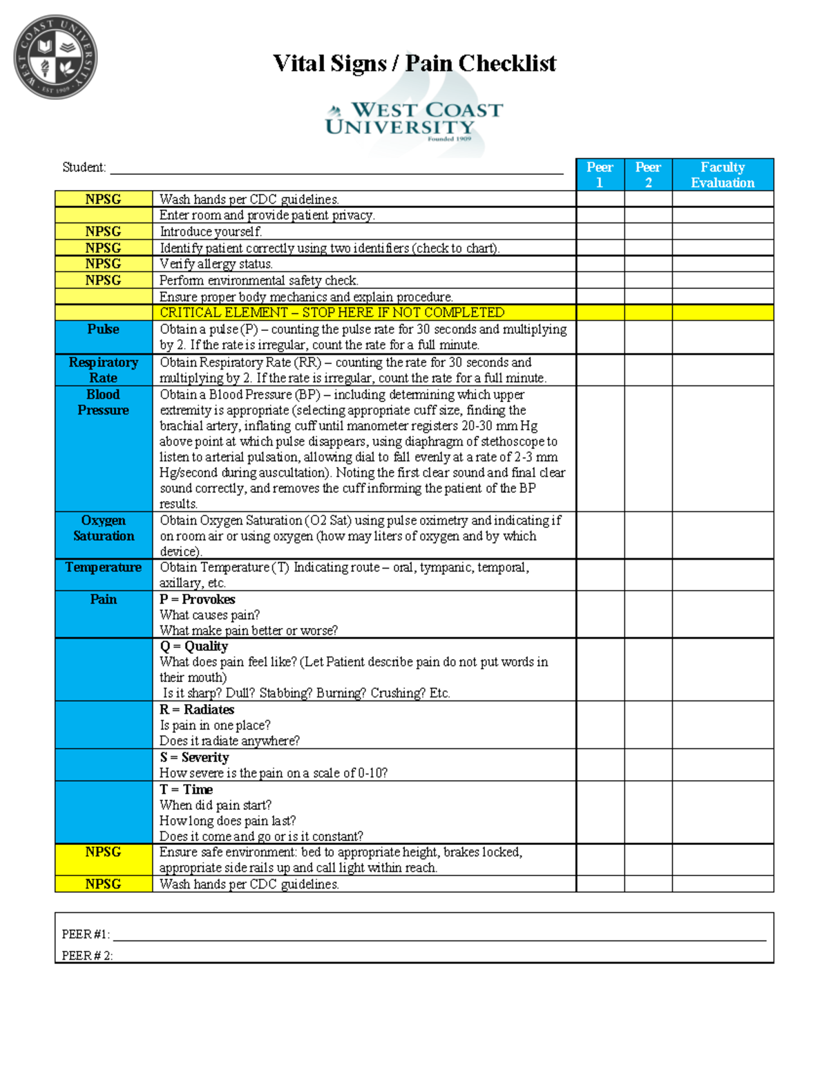 Vital Signs and Pain Checklist - Vital Signs / Pain Checklist Student ...