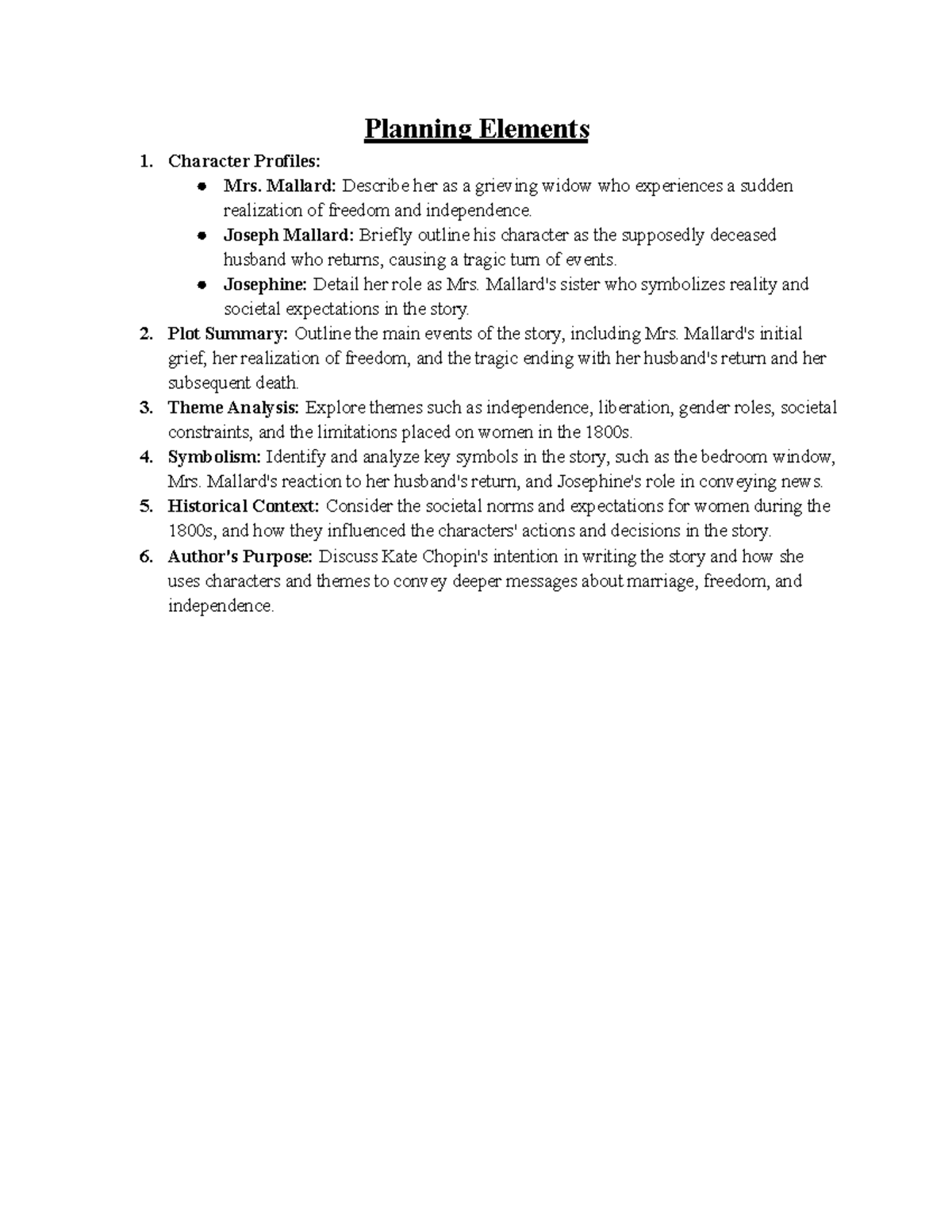 Planning elements (personal jot notes, bio-chart character profiles ...