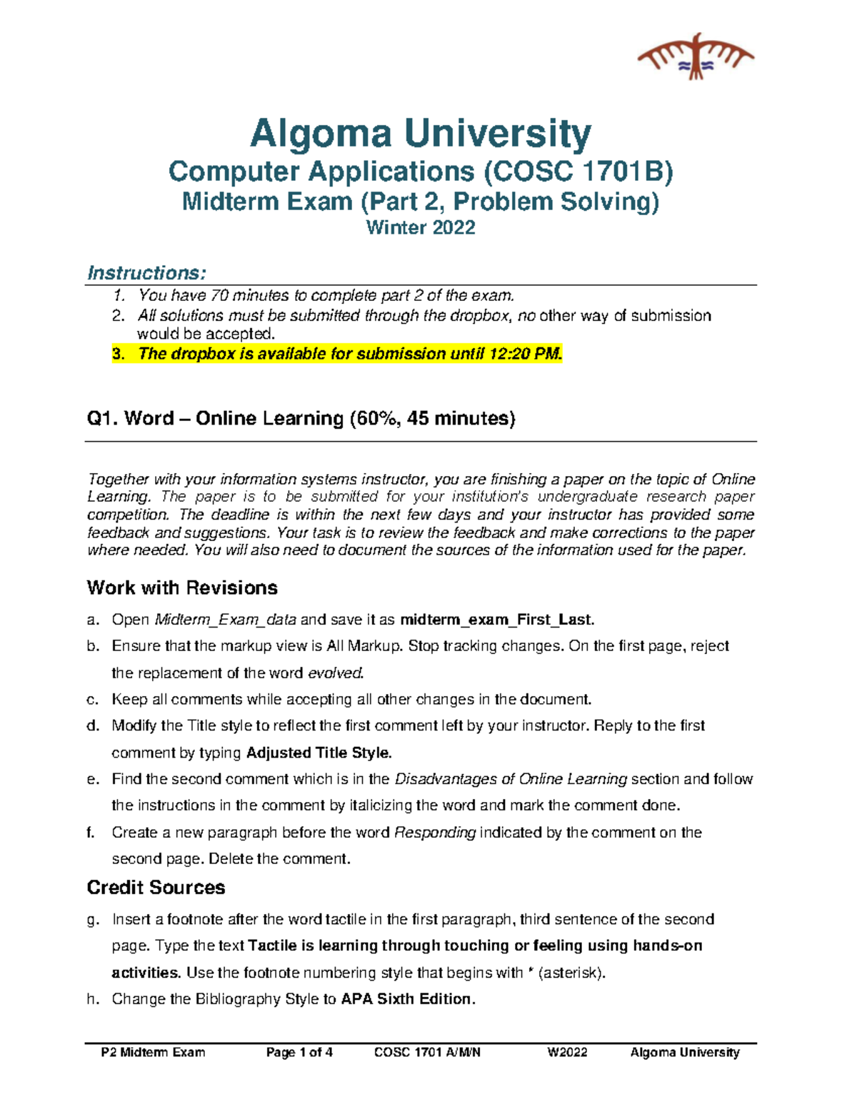 Cosc 1701 Computer Applications W22 Midterm Exam P2v2 Algoma University Computer