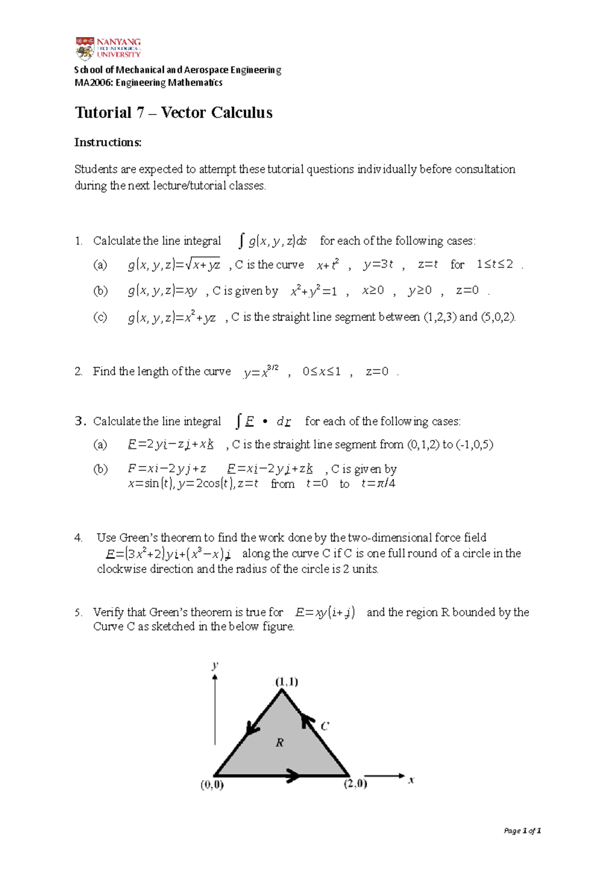MA2006 Tutorial 7 Vector Calculus V1.1 - School of Mechanical and ...