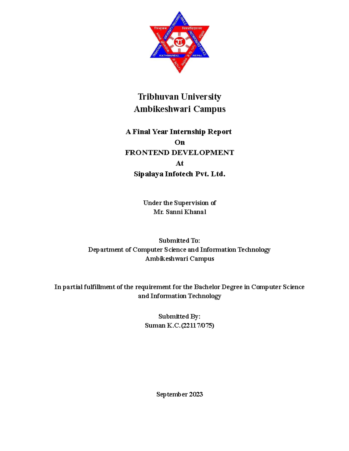 Intern Report - Tribhuvan University Ambikeshwari Campus A Final Year ...