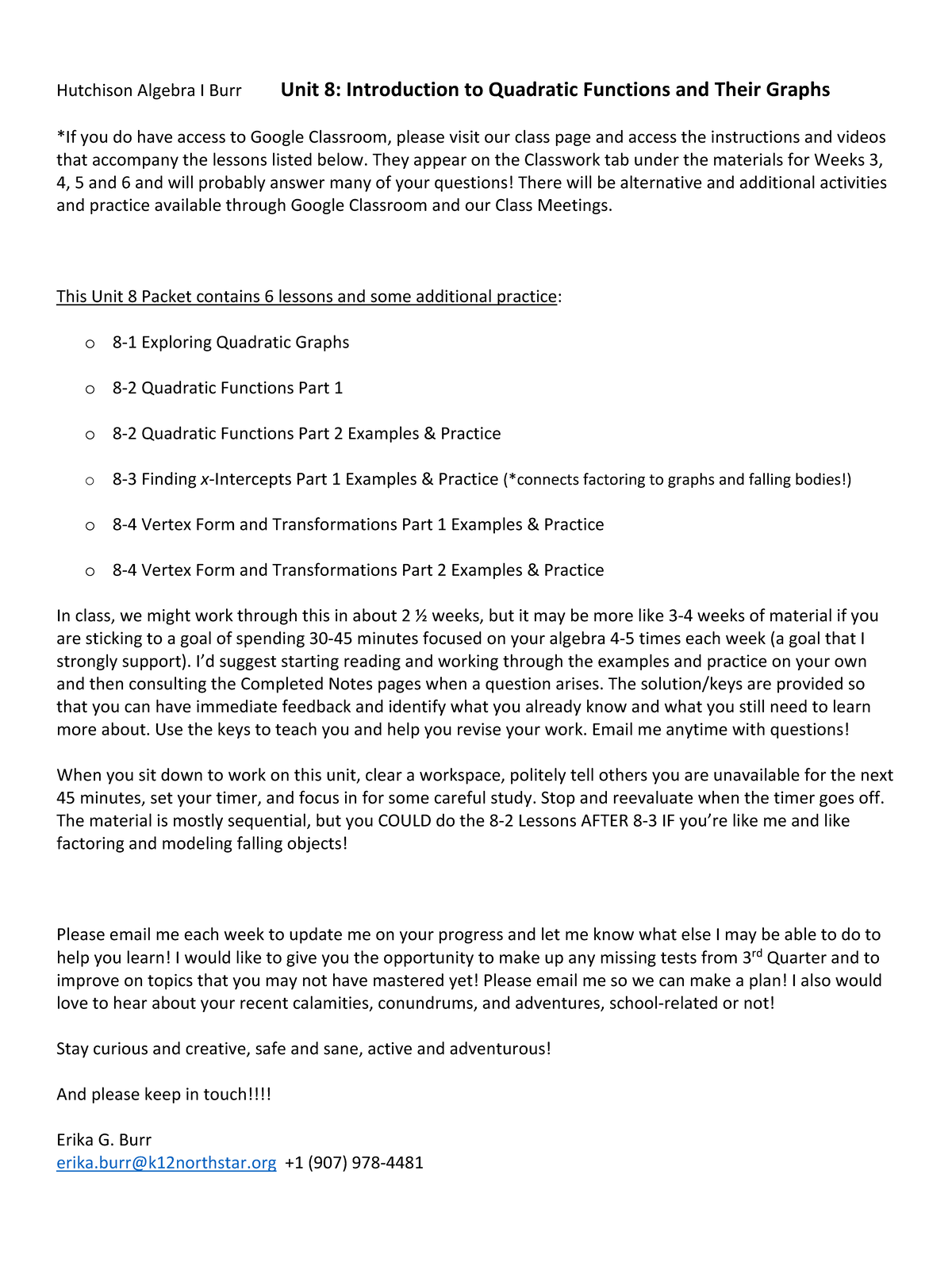 math hw 1 relearning the basics - Hutchison Algebra I Burr Unit 8 ...