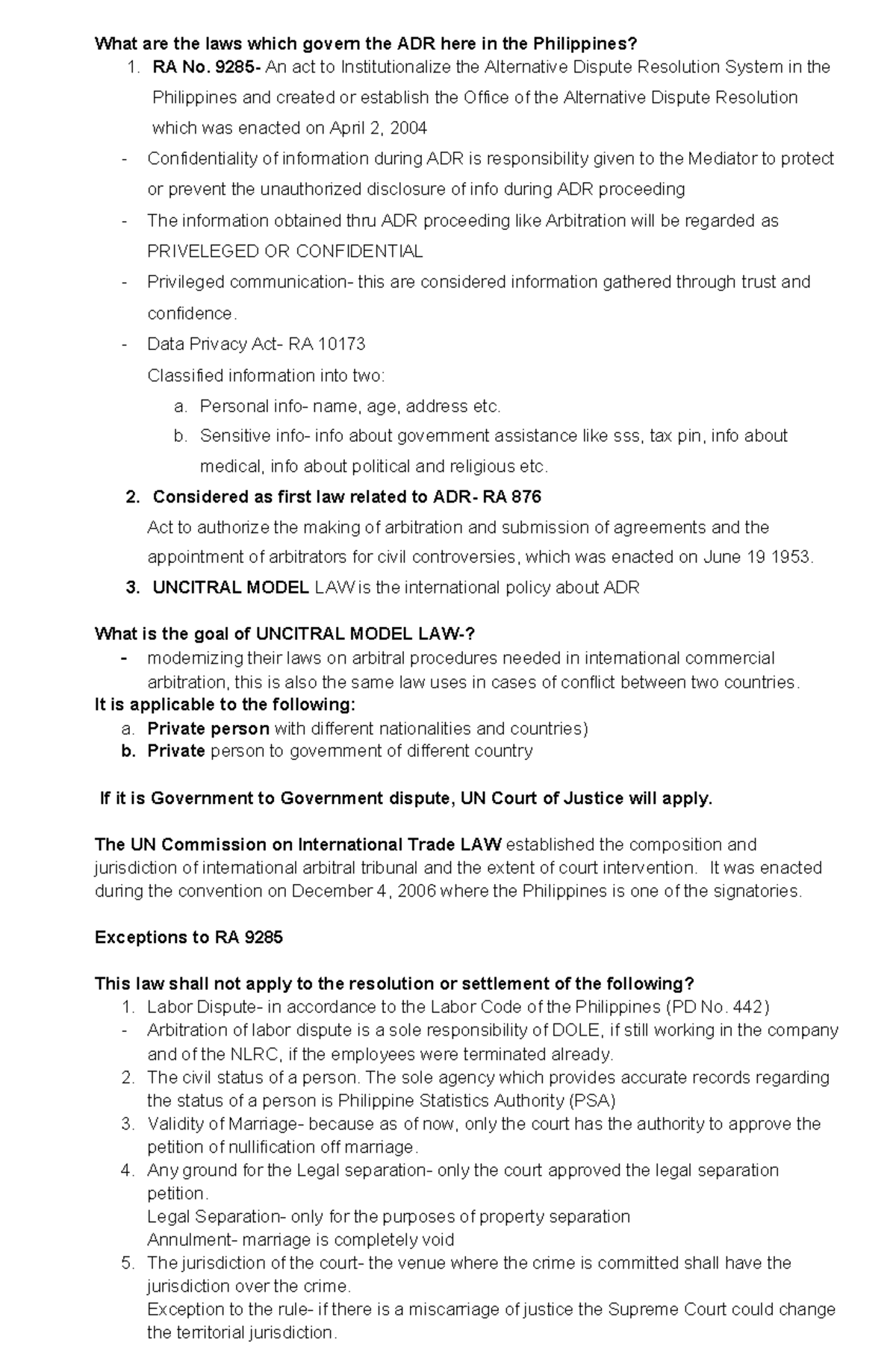 ACT - notes - What are the laws which govern the ADR here in the ...