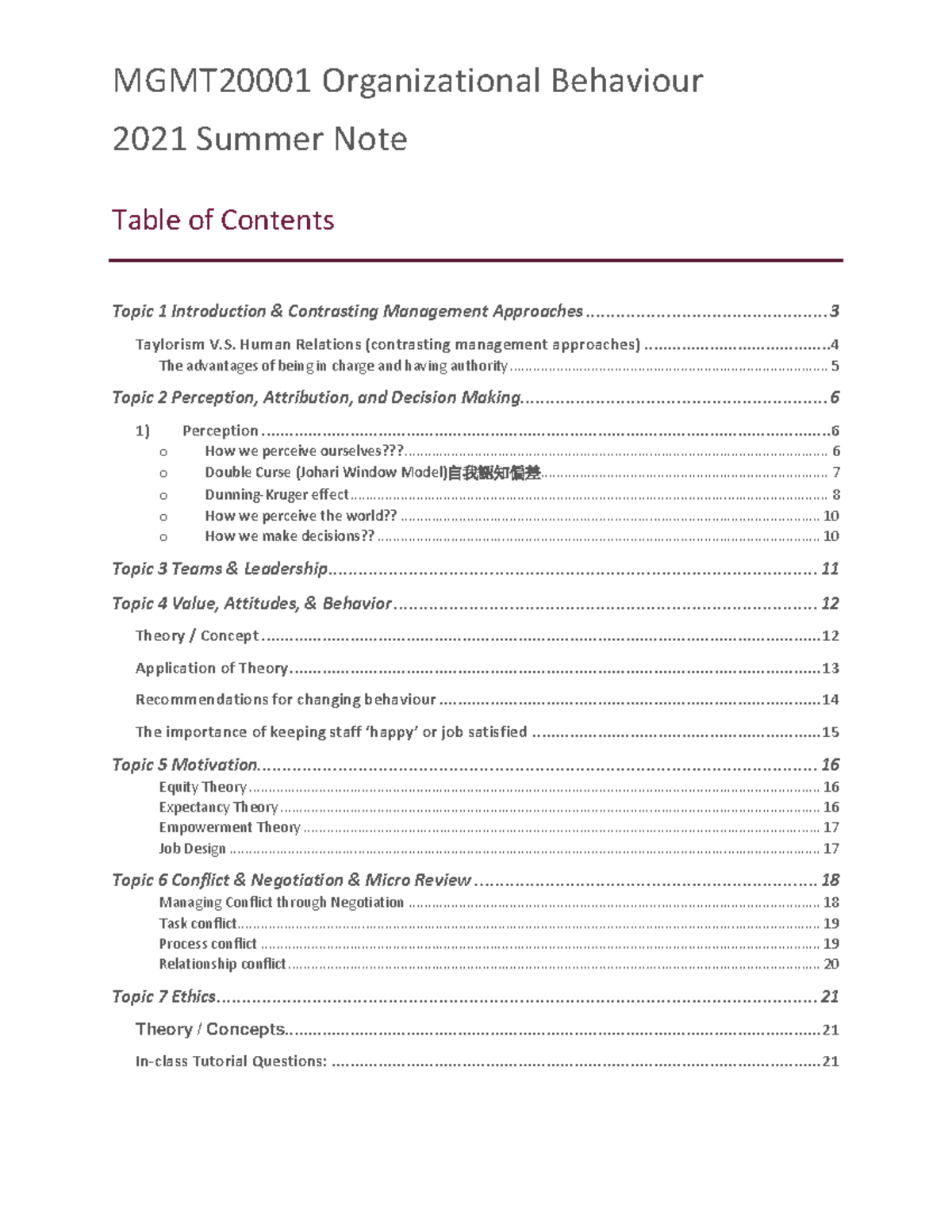 MGMT2000 1 OB Note - Summer Course Note - MGMT20001 Organizational Behaviour 2021 Summer Note ...