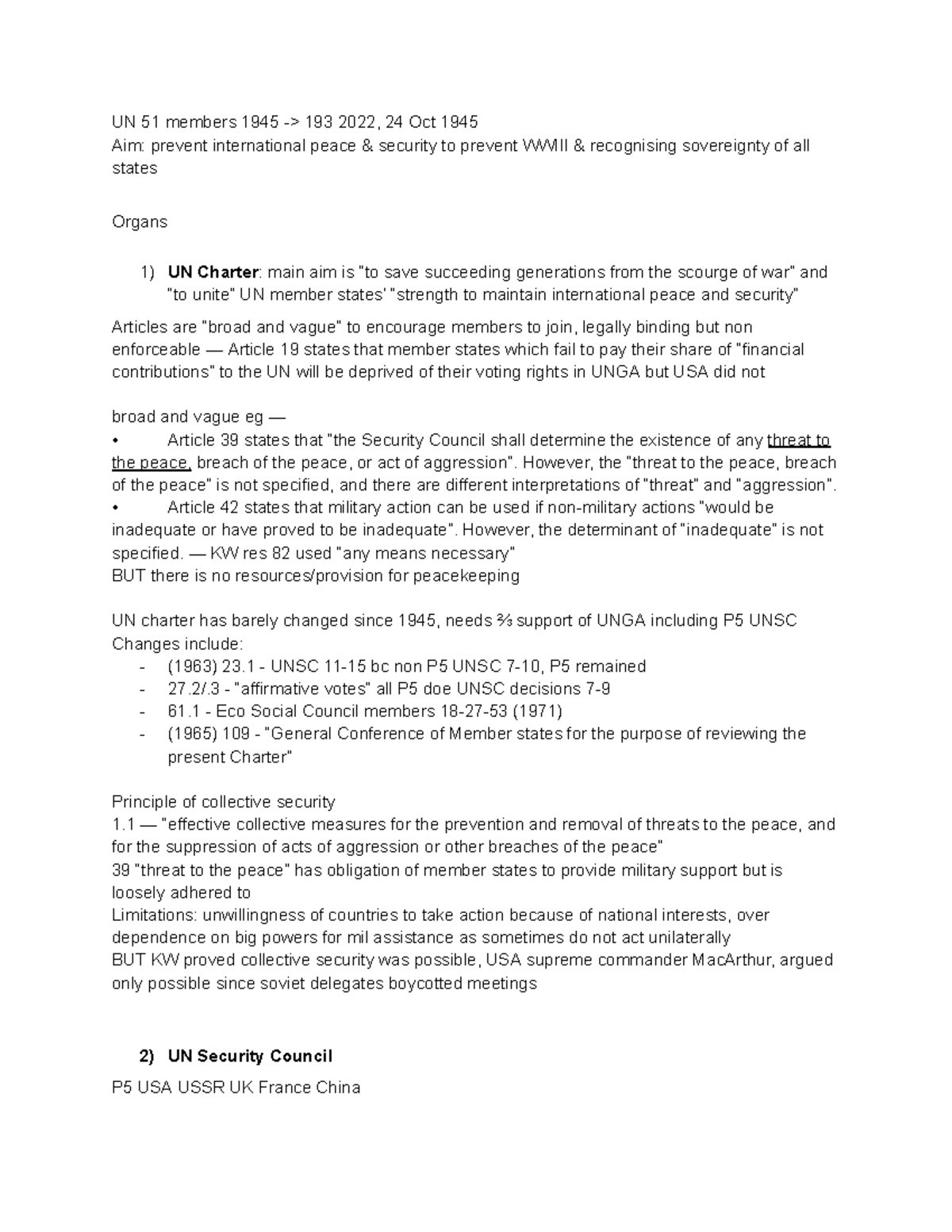 UN notes - Summary H2 History - UN 51 members 1945 -> 193 2022, 24 Oct ...
