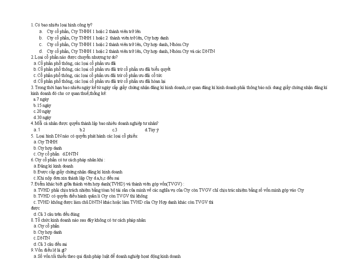 Cau hoi trac nghiem luat kinh te 7746 - Có bao nhiêu lọai hình công ty? a. Cty cổ phần, Cty TNHH ...