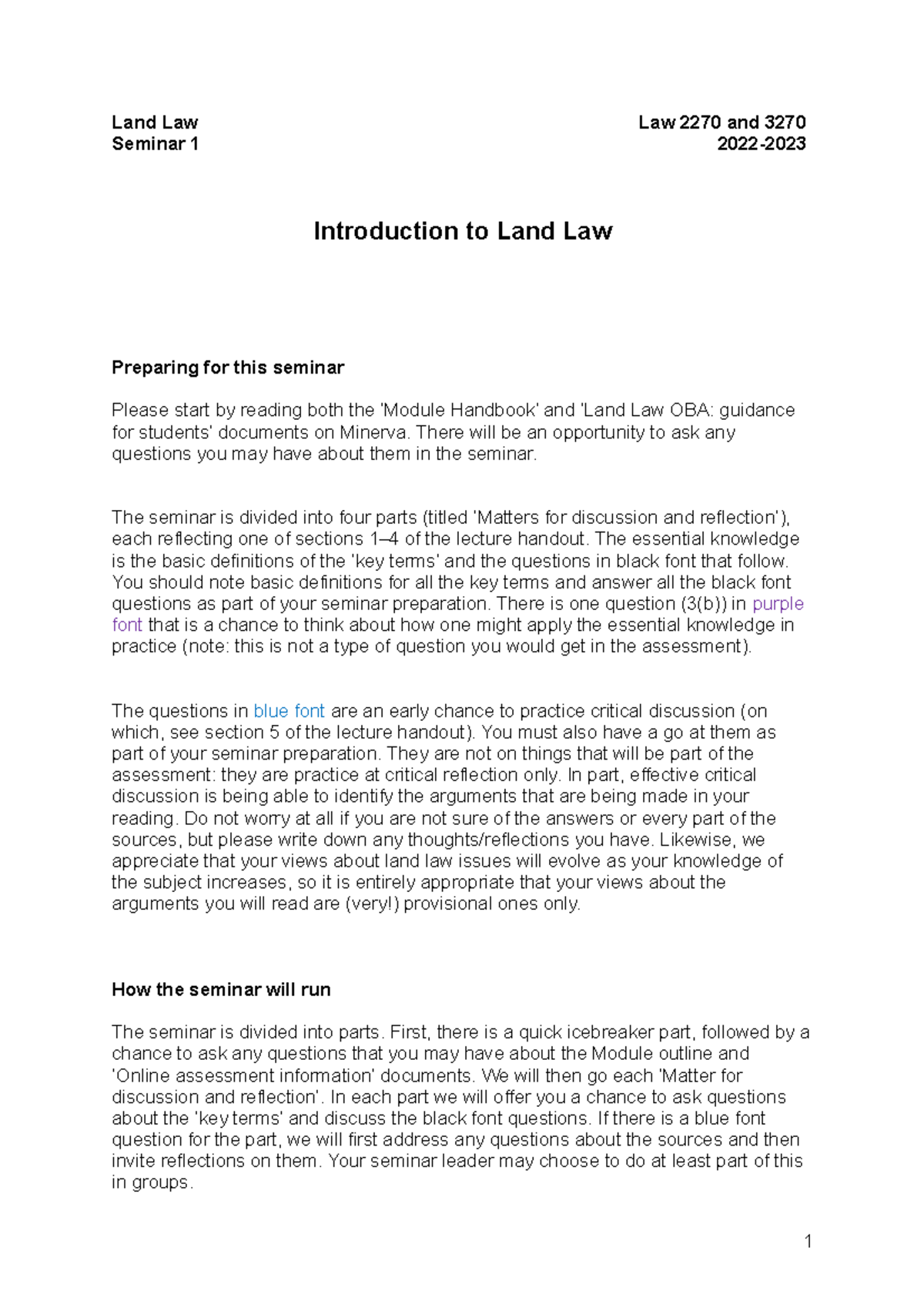 Land 1 - Seminar (2022) - Land Law Law 2270 and 3270 Seminar 1 2022 ...