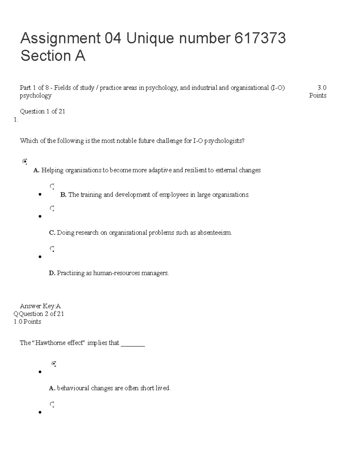 Assignment 04 Unique number 617373 Section A- Answers - Assignment 04 ...