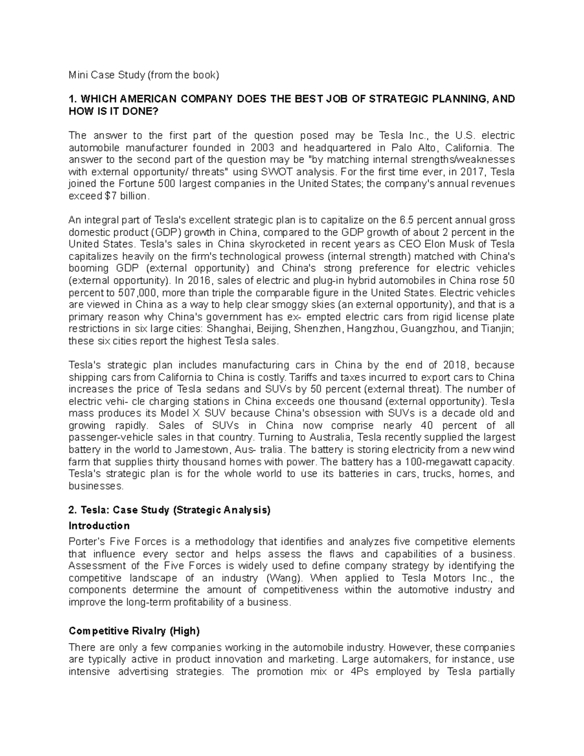 Tesla Mini Case Study - Mini Case Study (from the book) WHICH AMERICAN ...