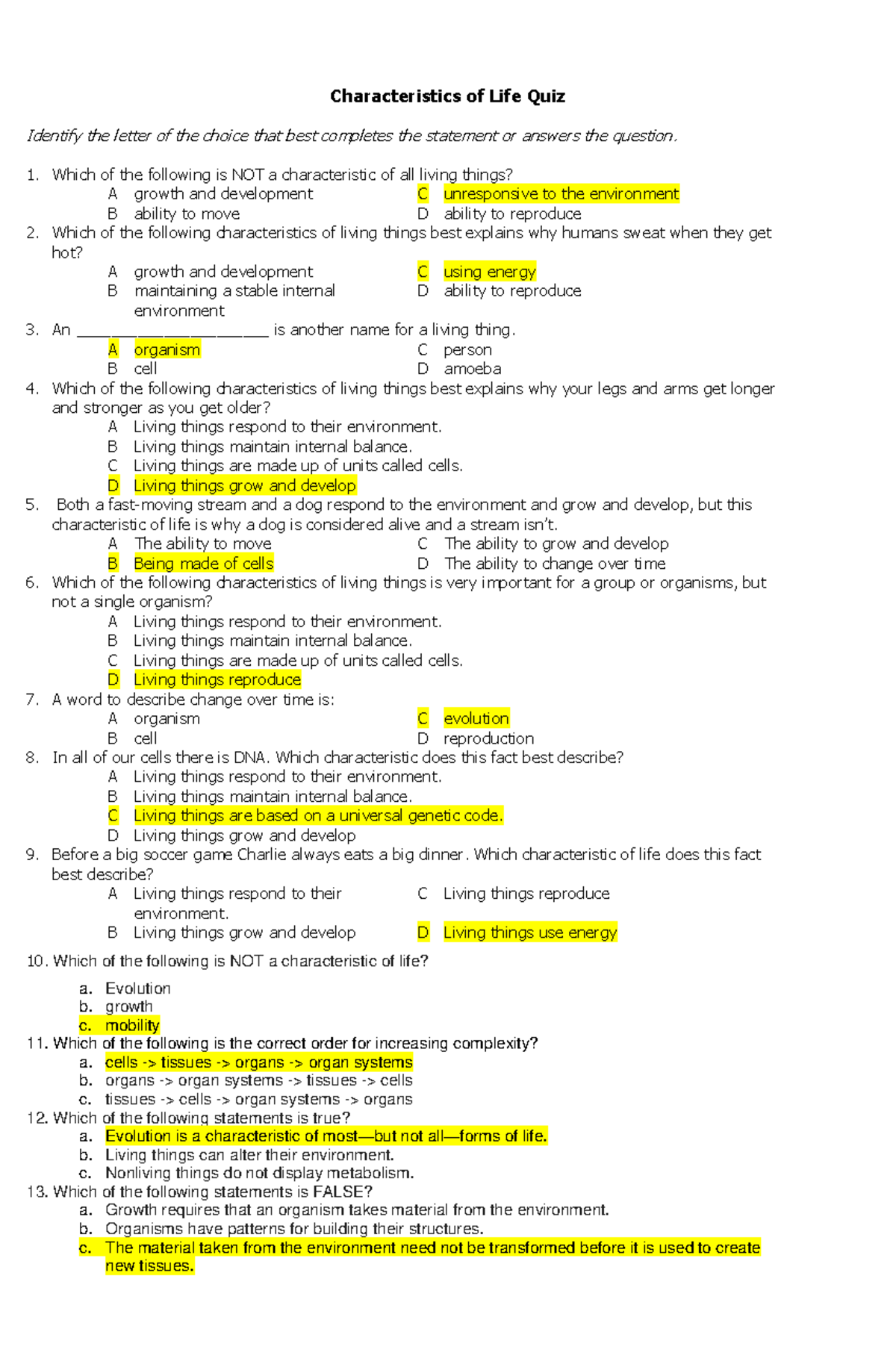 375324763-Biology-Questionaire - Characteristics of Life Quiz Identify ...
