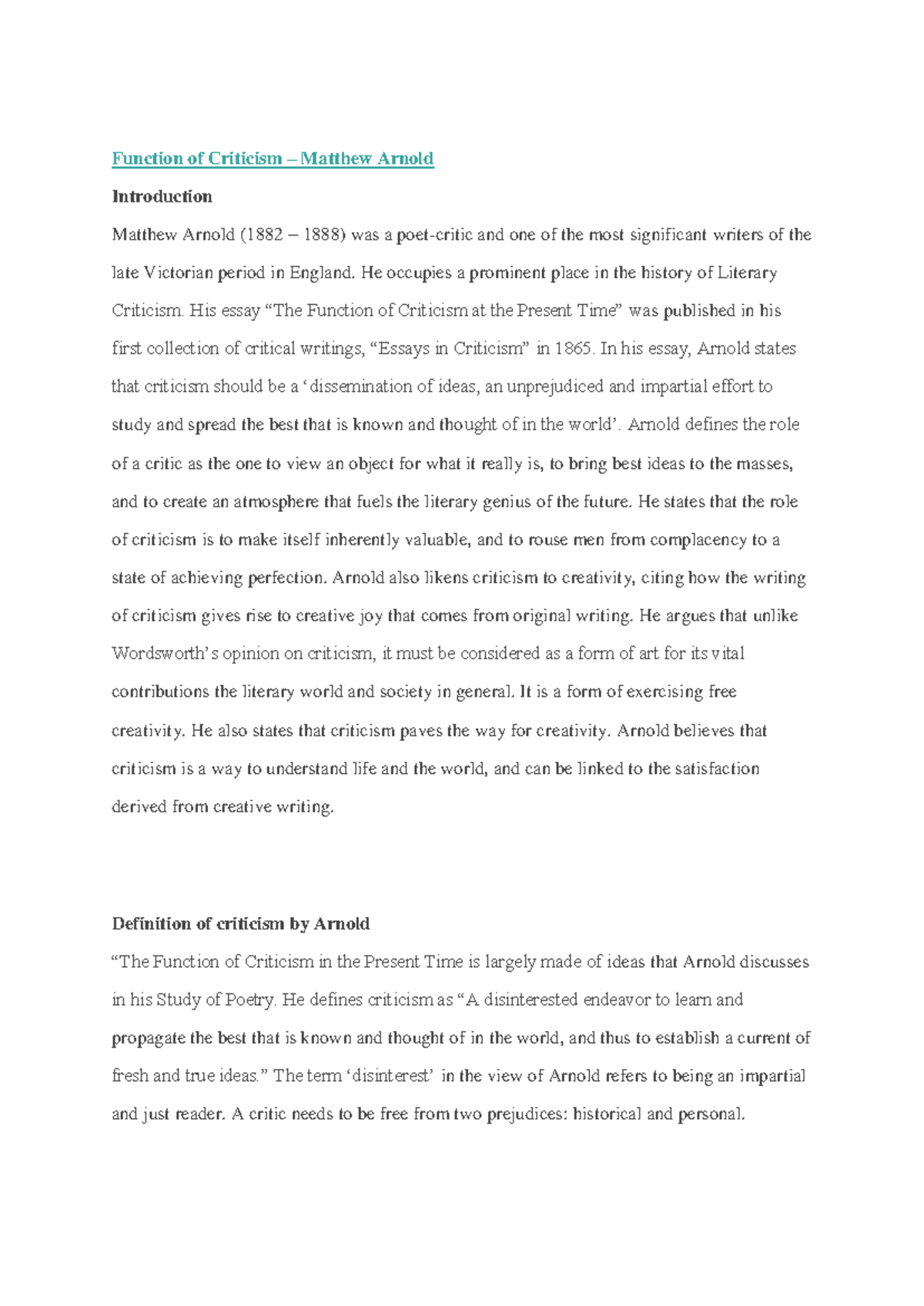 Study Materials on Arnold - Function of Criticism – Matthew Arnold Introduction Matthew Arnold ...