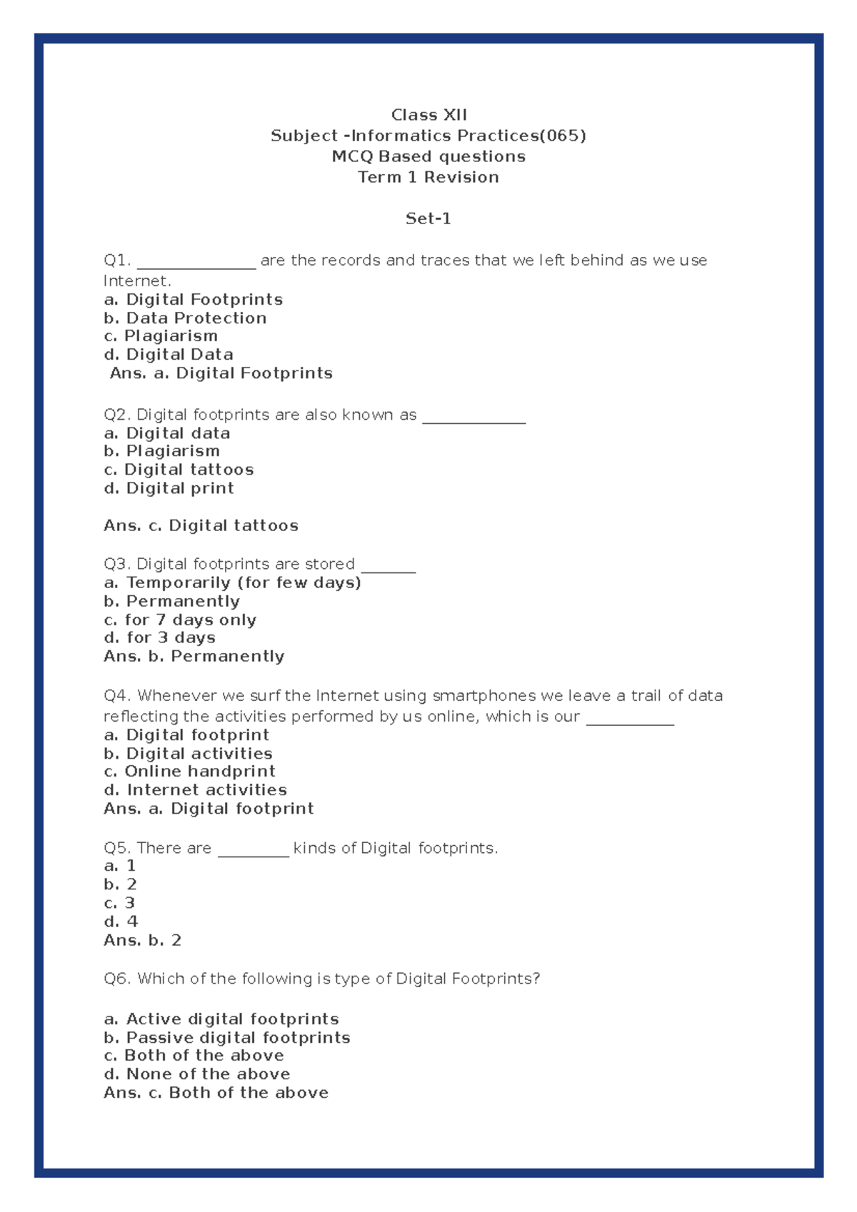 Computer Science - Class XII Subject -Informatics Practices(065) MCQ ...