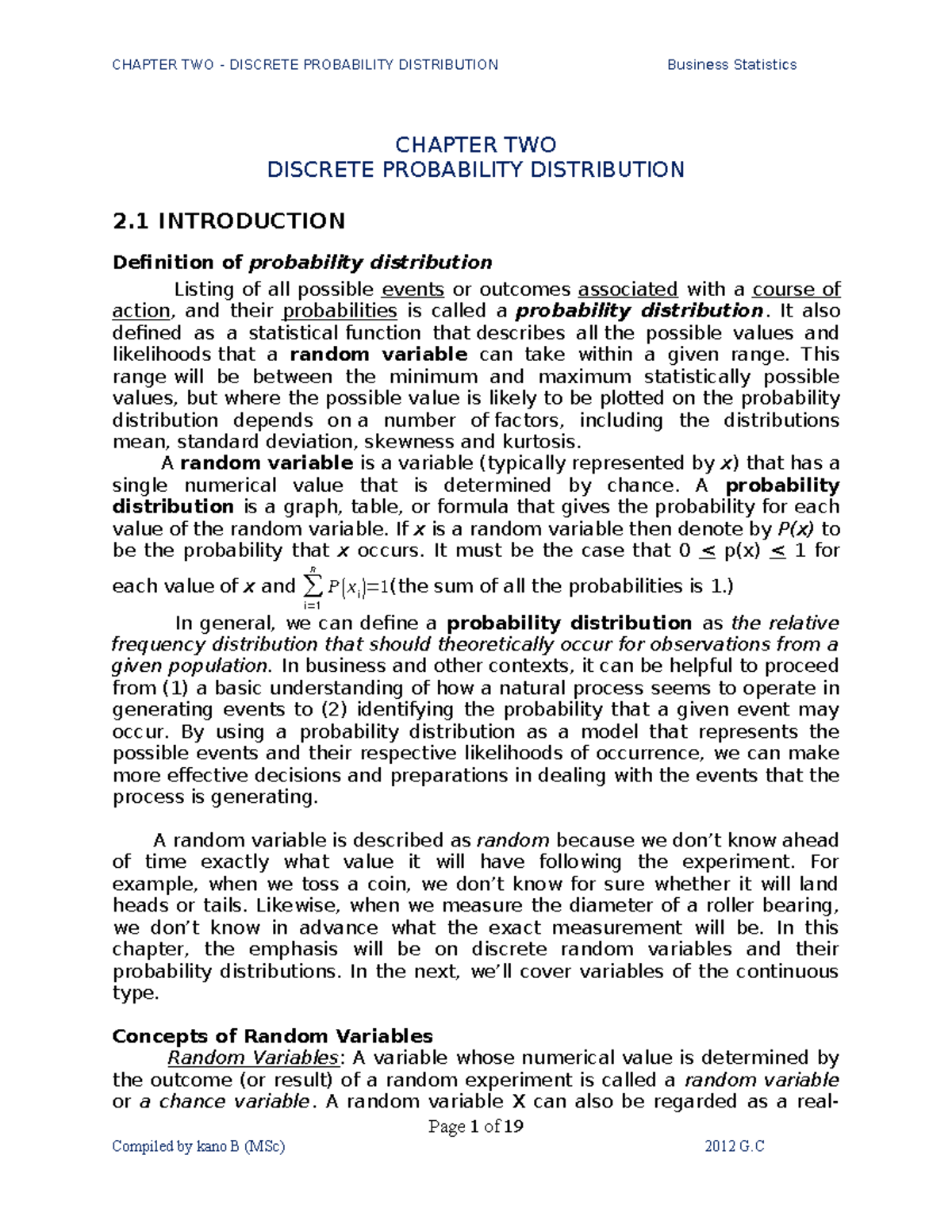 Principle of accounting - CHAPTER TWO DISCRETE PROBABILITY DISTRIBUTION ...