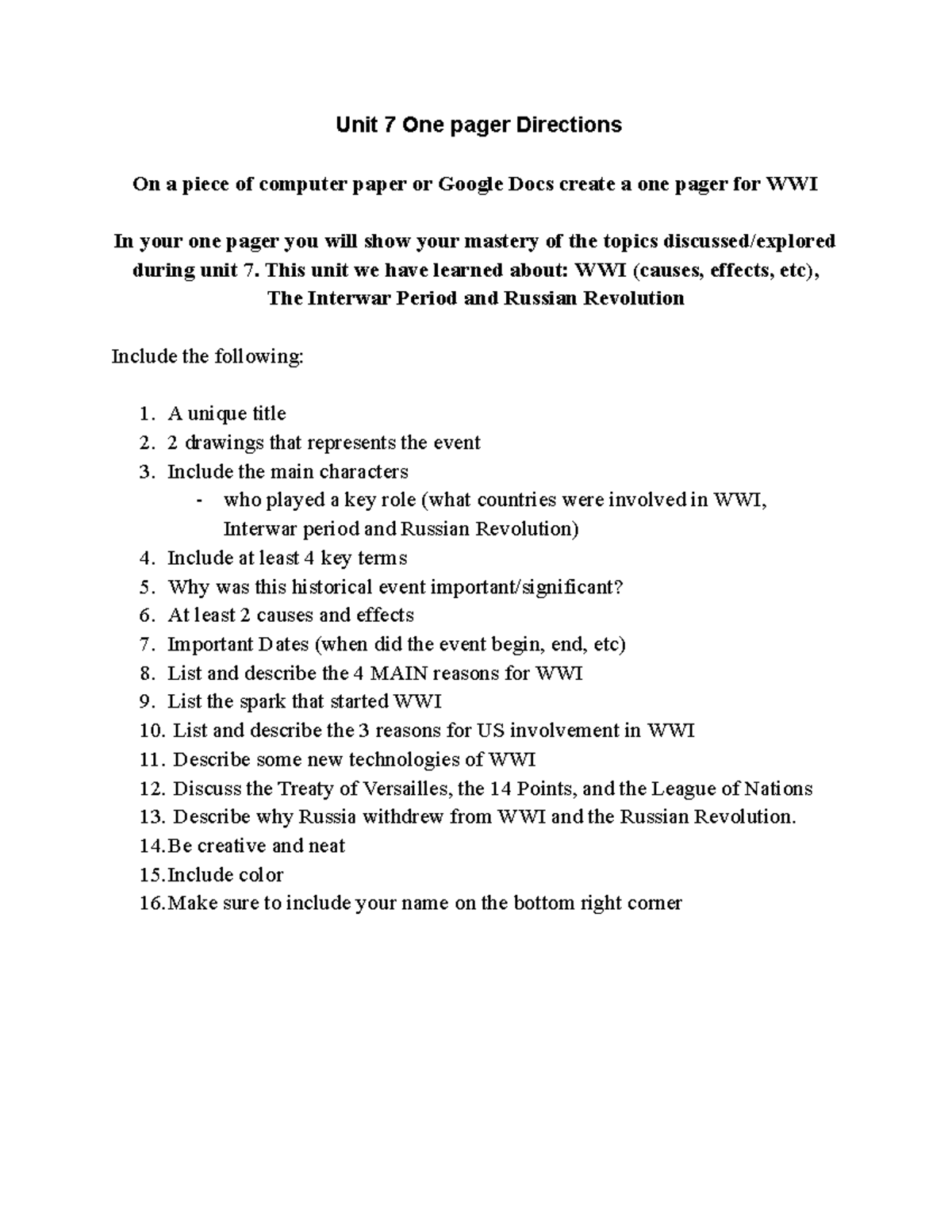 Copy of WWI One pager - Unit 7 One pager Directions On a piece of ...
