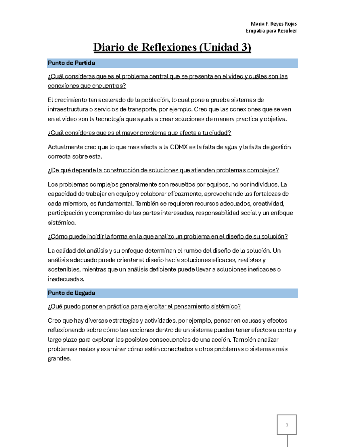 Diario Reflexiones U3 - Maria F. Reyes Rojas Empatía para Resolver 1 Diario de Reflexiones ...