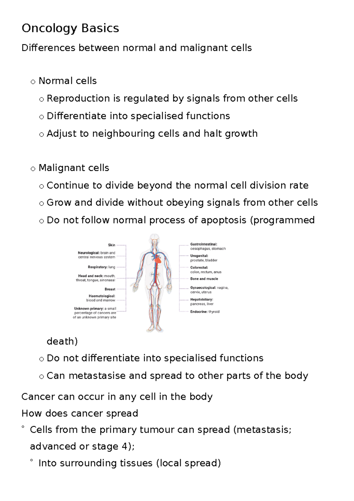 2101 Lecture notes - Oncology Basics Differences between normal and ...