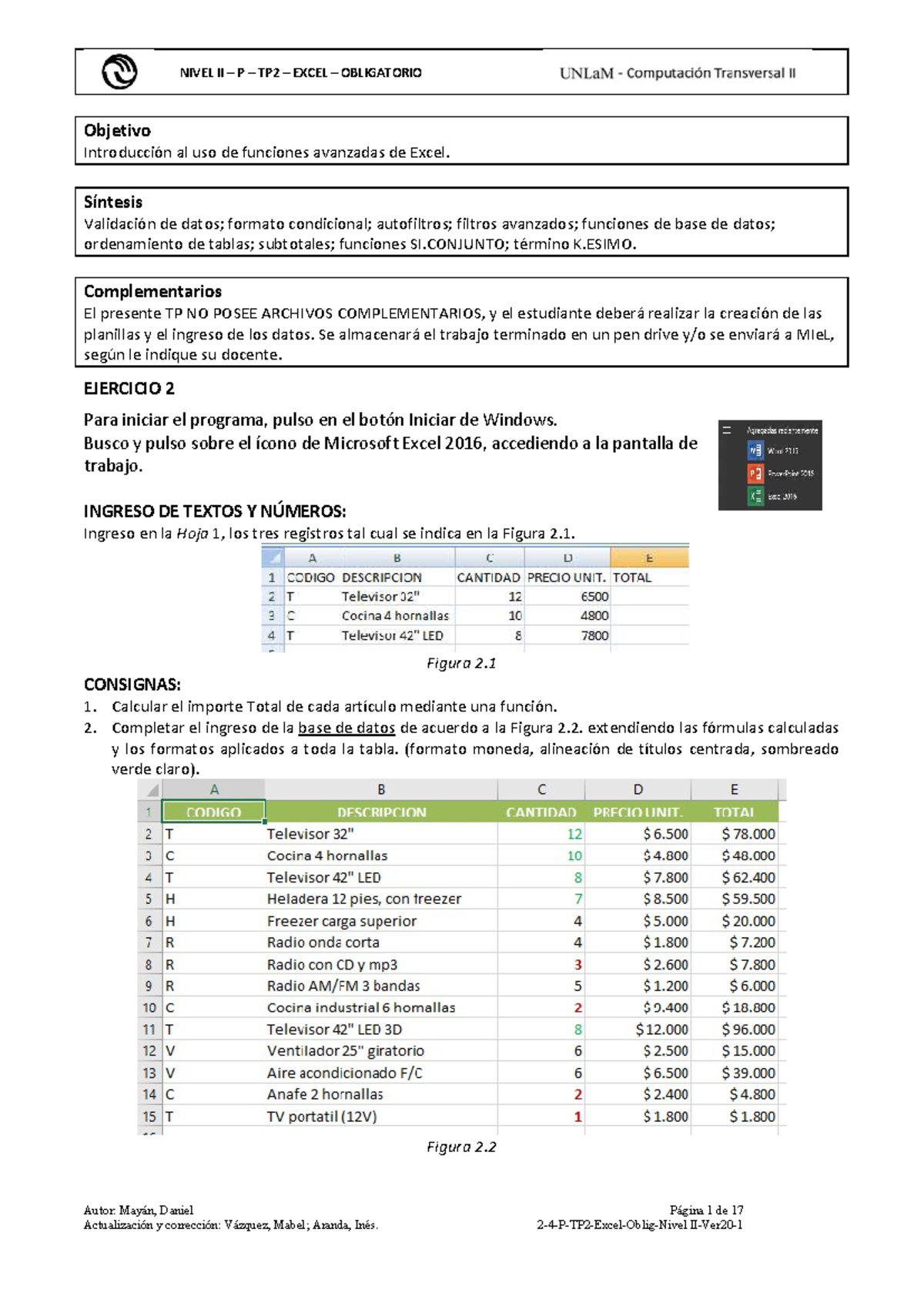 2 4 P TP2 Excel Oblig Nivel II Ver20 1 - Autor: Mayán, Daniel Página 1 de 17 Objetivo ...