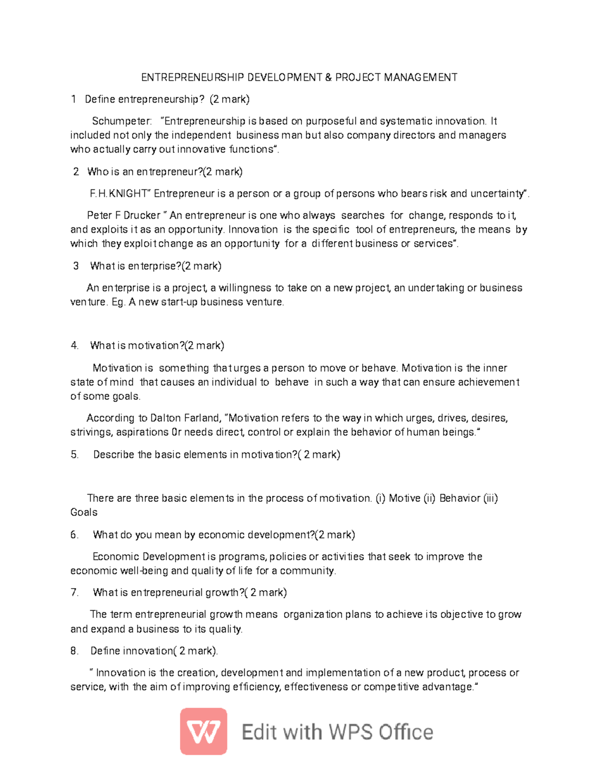 EDPM Notes - Good - ENTREPRENEURSHIP DEVELOPMENT & PROJECT MANAGEMENT 1 ...