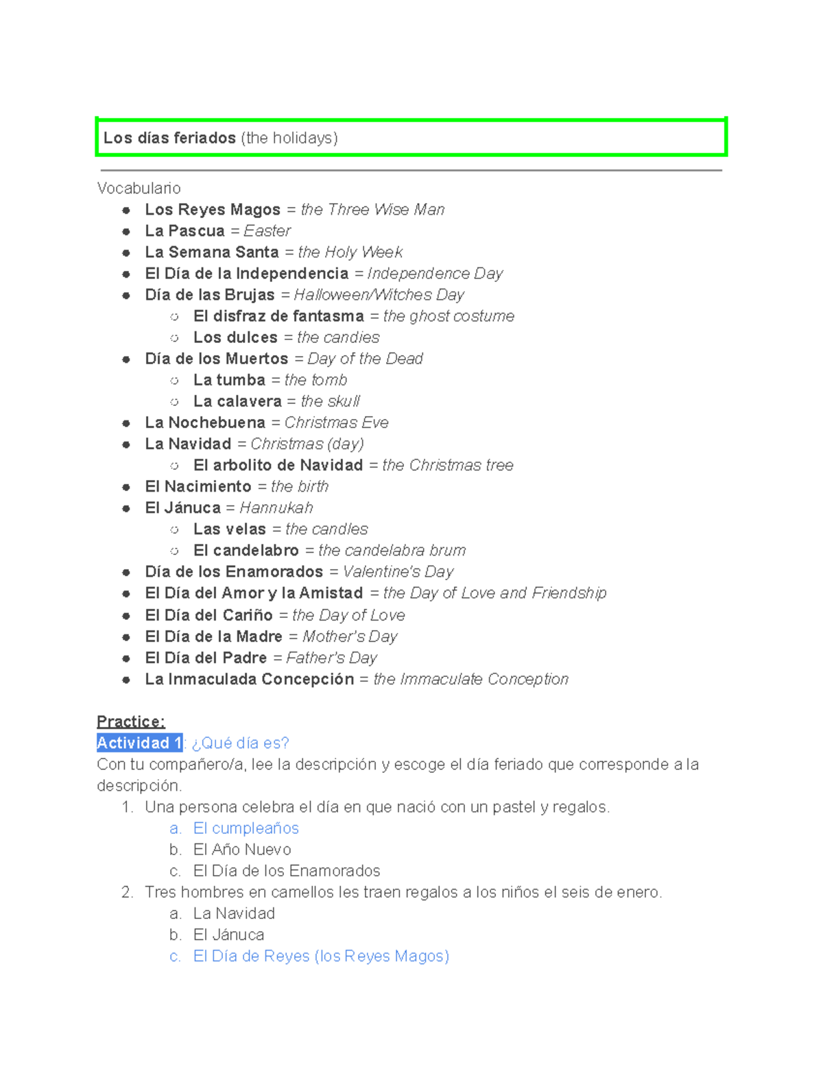 Vocabulario Los días feriados-2 - Los días feriados (the holidays ...